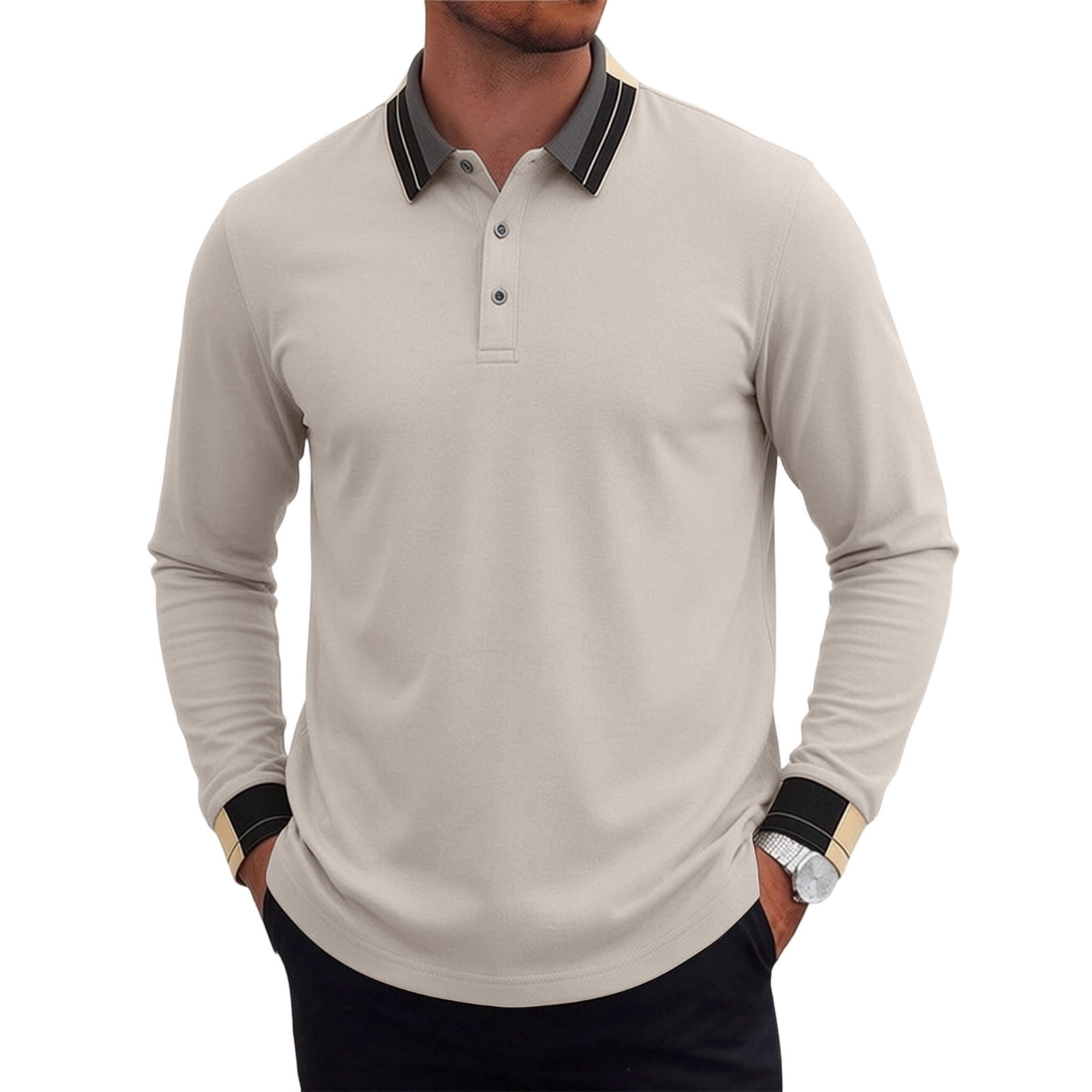Ceisia Men Contrast Trim Collar Cuff Long Sleeve Solid Casual Polo ...