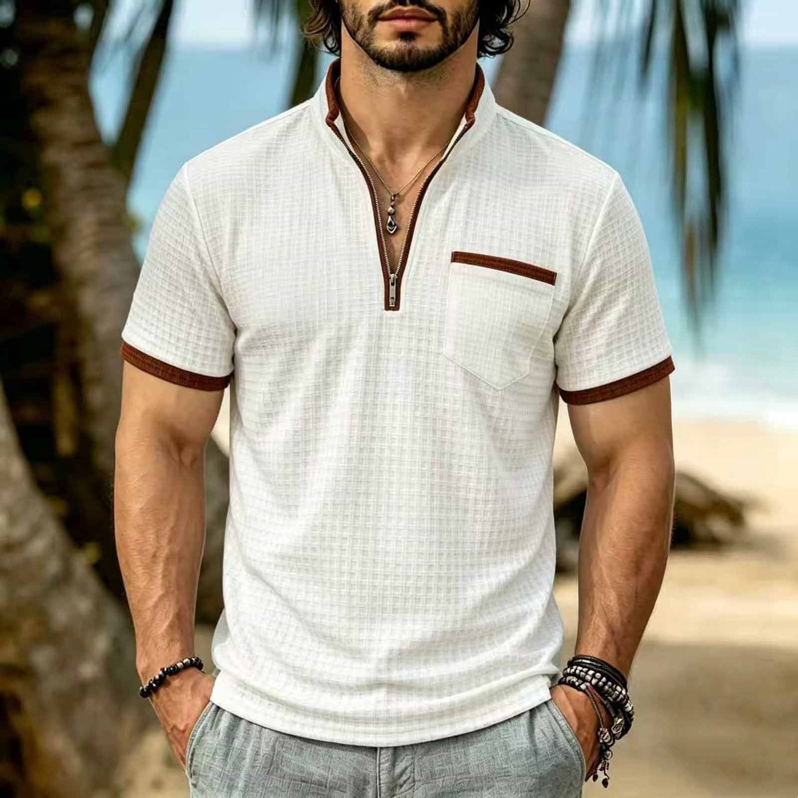 Ceisia Men Grid Texture Half Zip Pocket Trim Short Sleeve Stand Collar ...