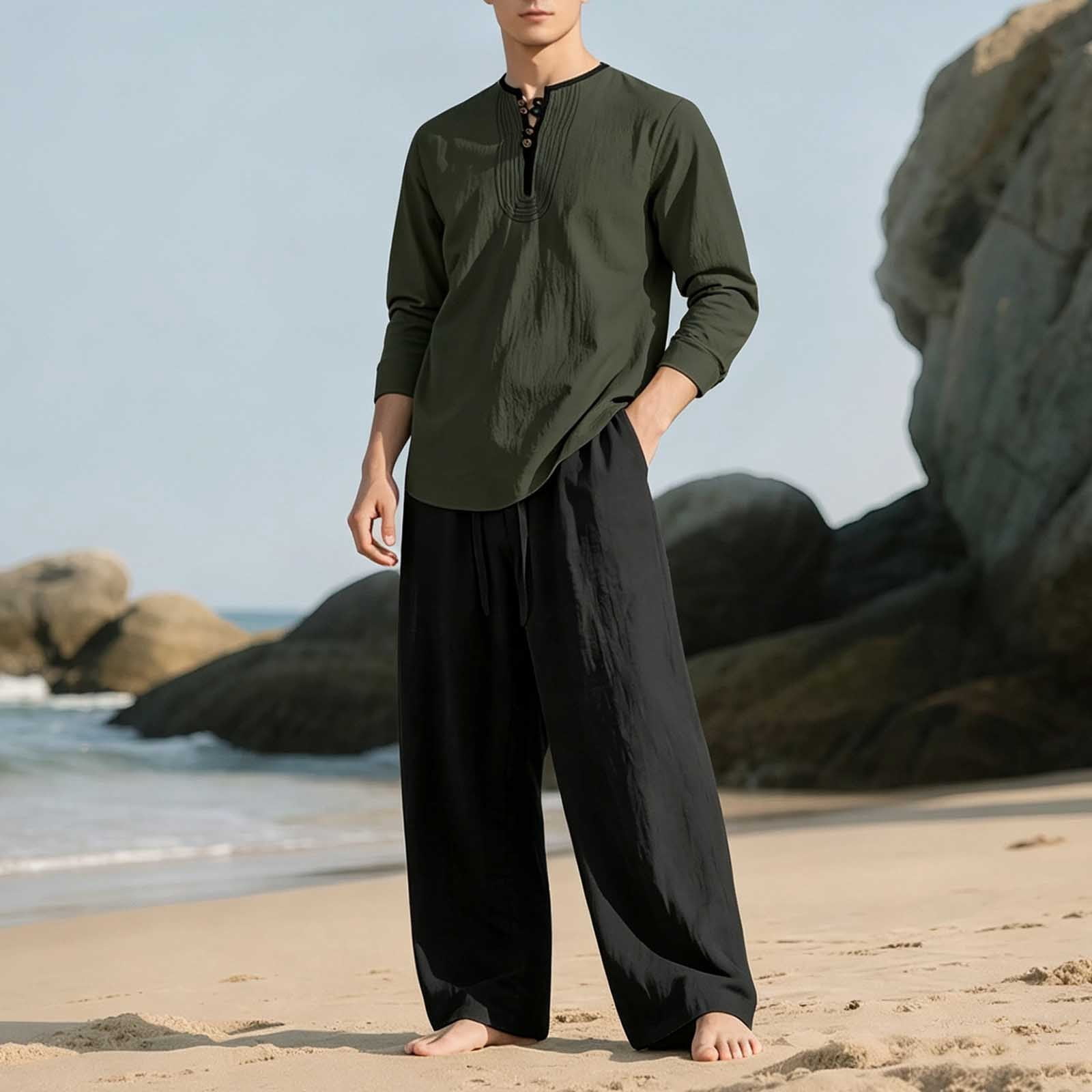 Ceisia Men Linen Outfit Set Henley Long Sleeve Shirt And Wide Leg ...