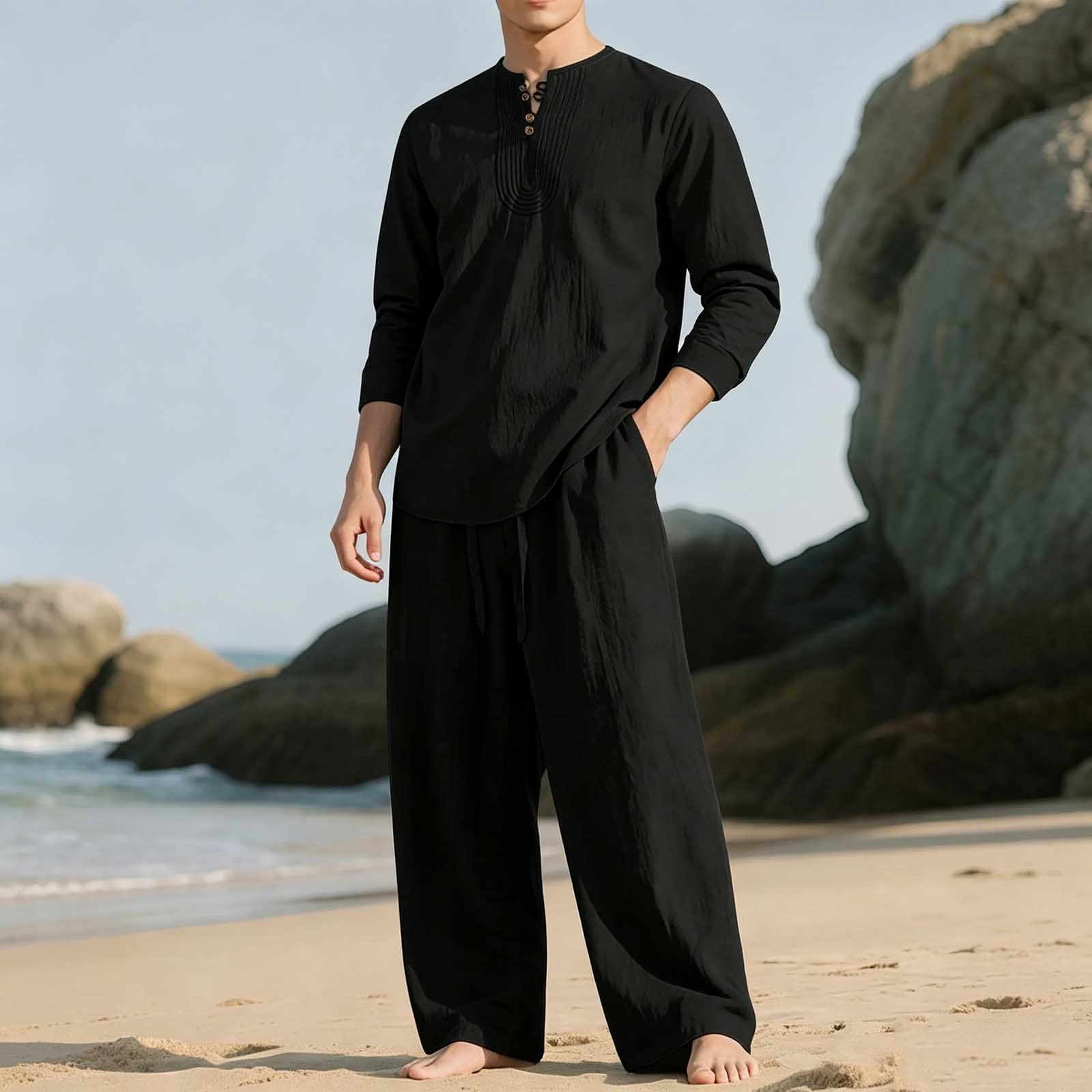 Ceisia Men Linen Outfit Set Henley Long Sleeve Shirt And Wide Leg ...