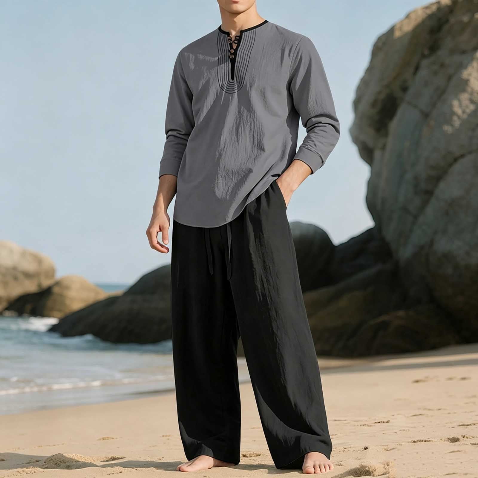 Ceisia Men Linen Outfit Set Henley Long Sleeve Shirt And Wide Leg ...