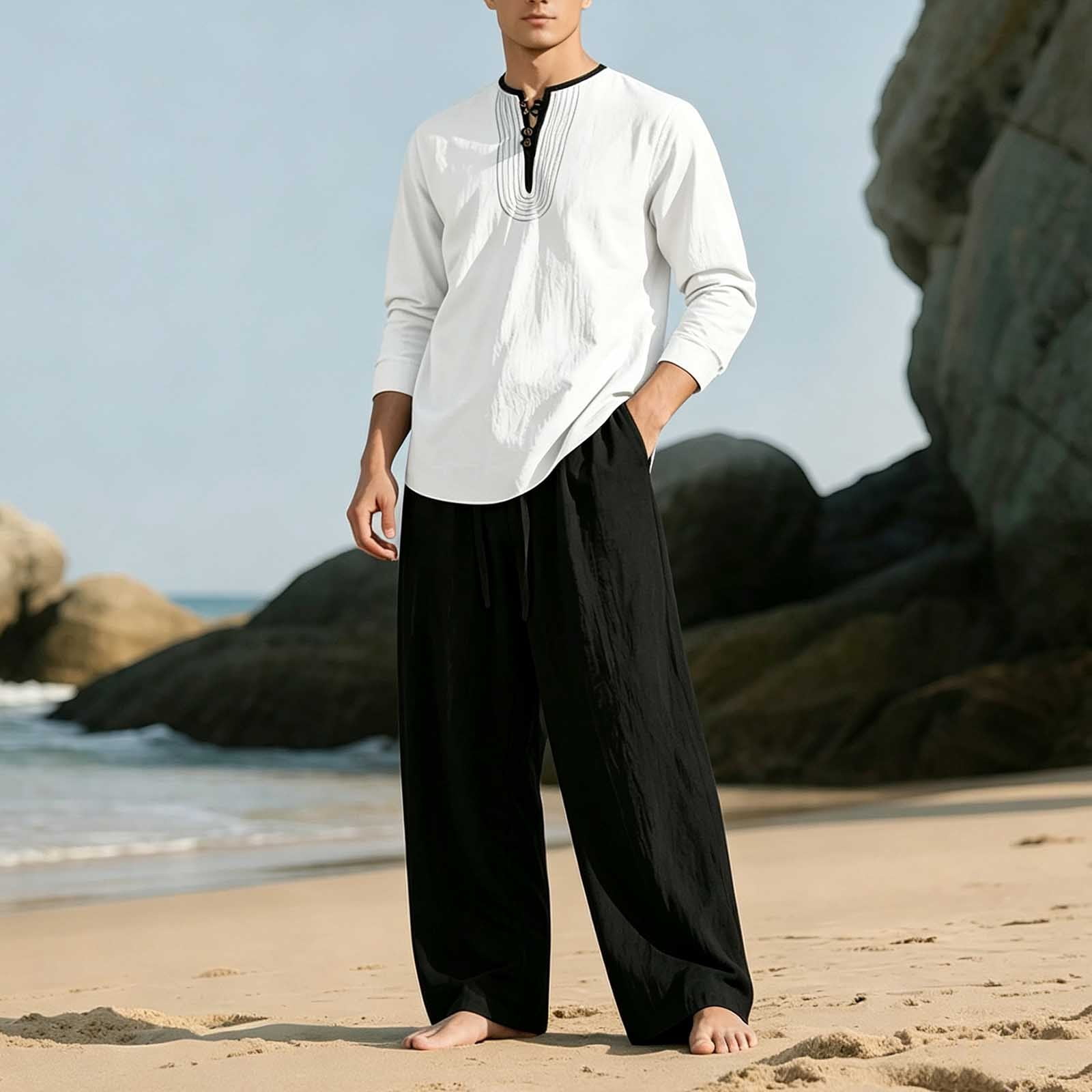 Ceisia Men Linen Outfit Set Henley Long Sleeve Shirt And Wide Leg ...