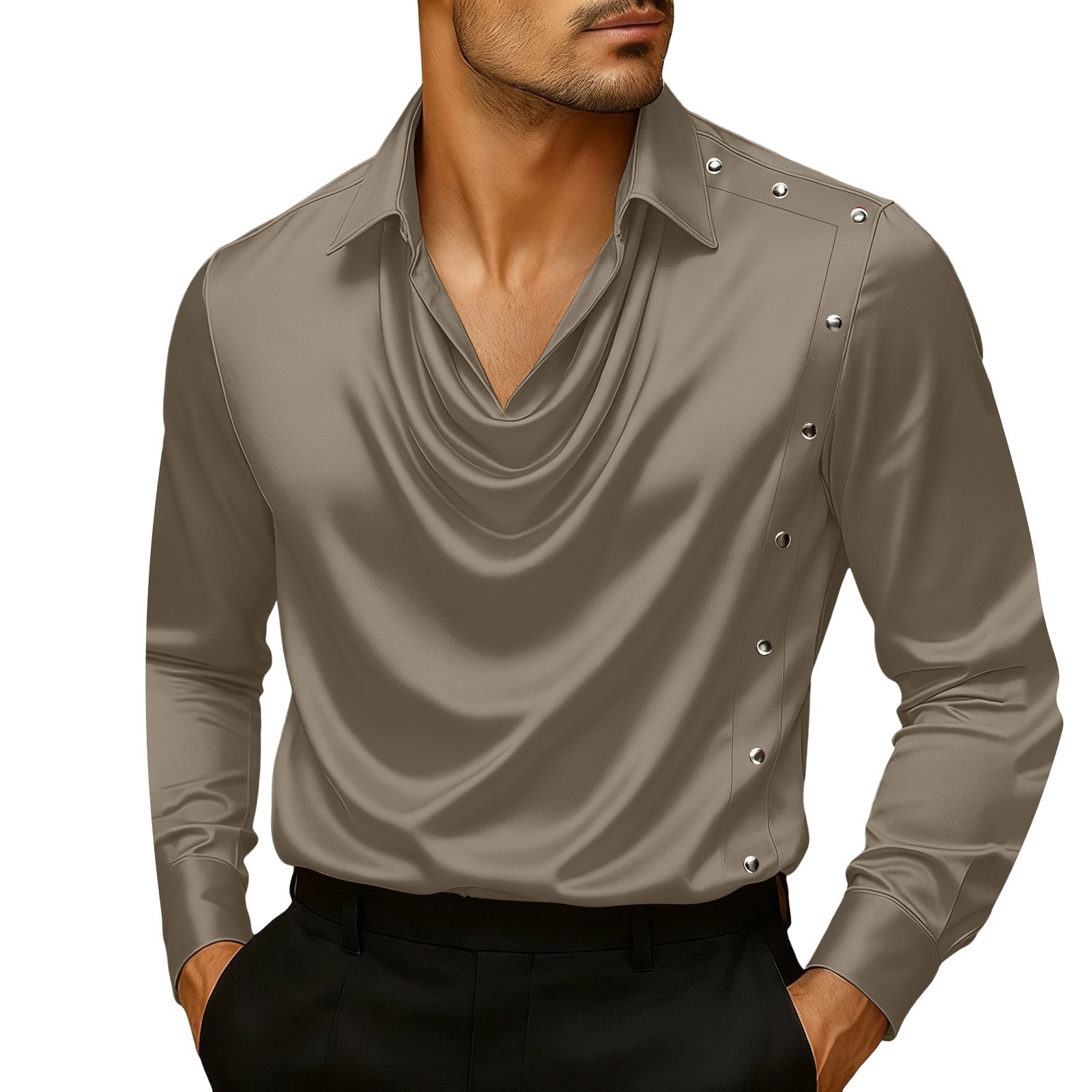 Ceisia Men Long-Sleeve Dress Shirt Silk with Silver Buttons Decoration ...