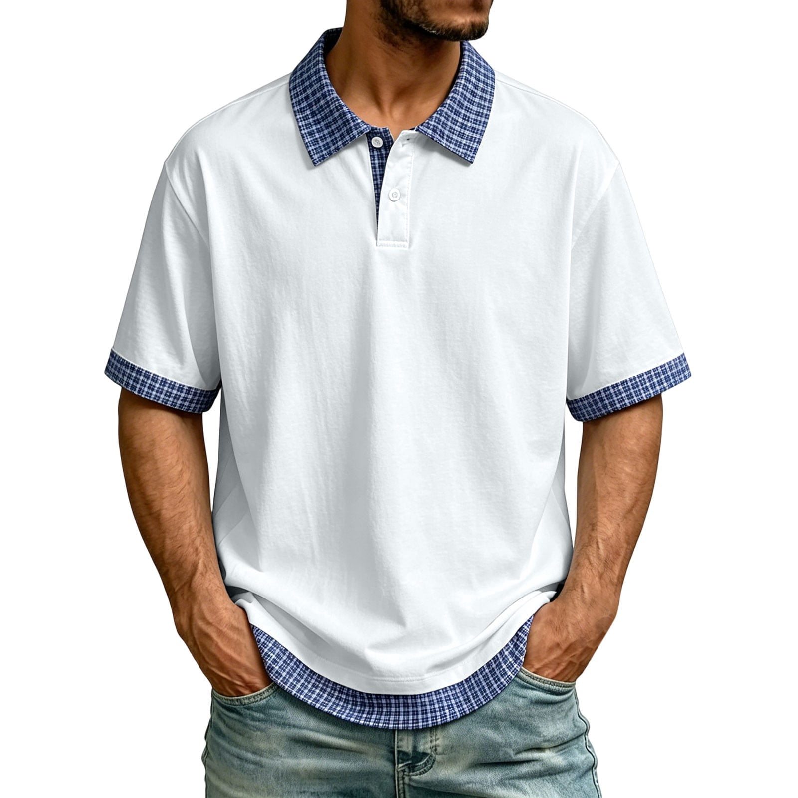 Ceisia Men Plaid Trim Collar Short Sleeve Polo Shirt Contrast Cuff ...