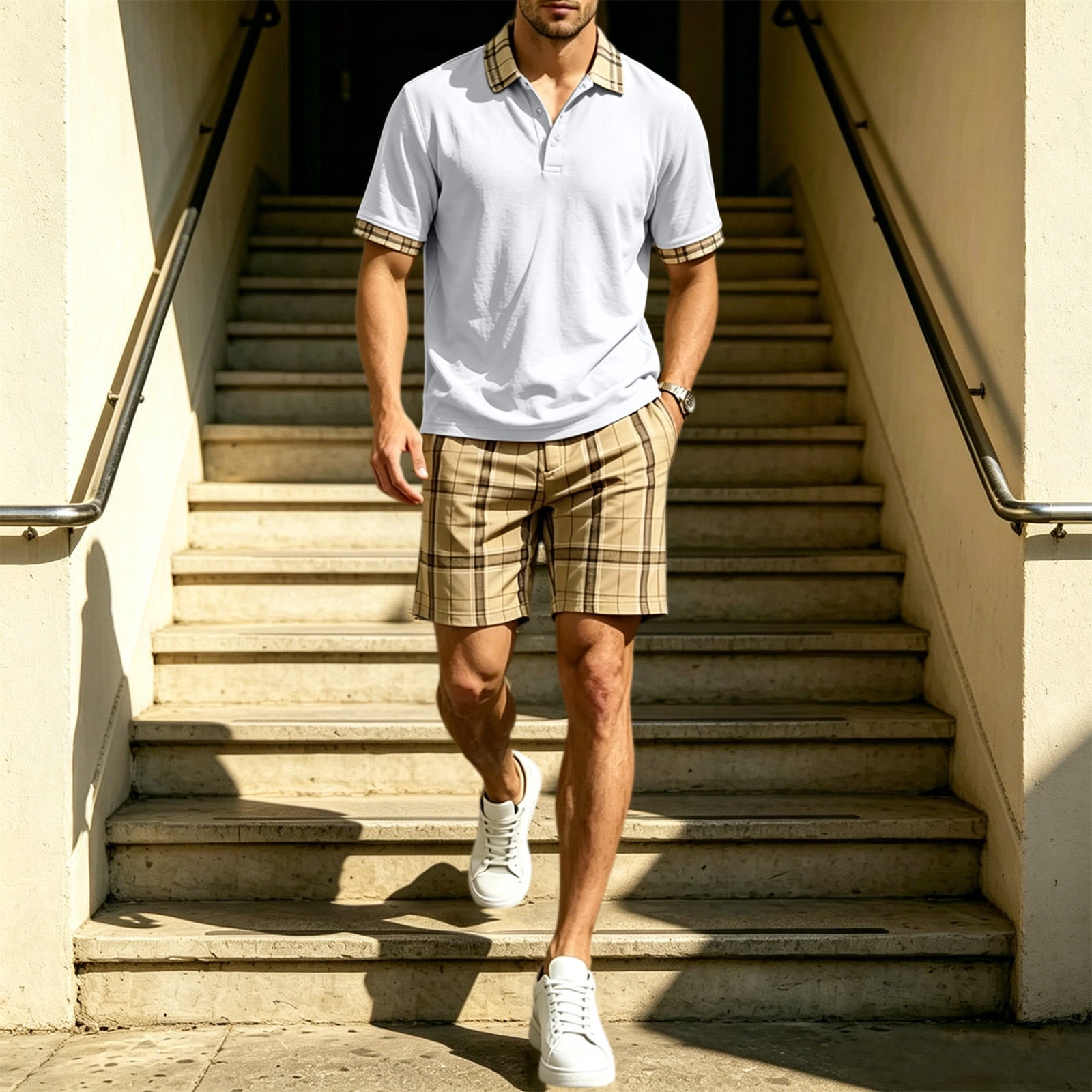 Ceisia Men Plaid Trim Collared Polo And Elastic Waist Plaid Shorts Two ...