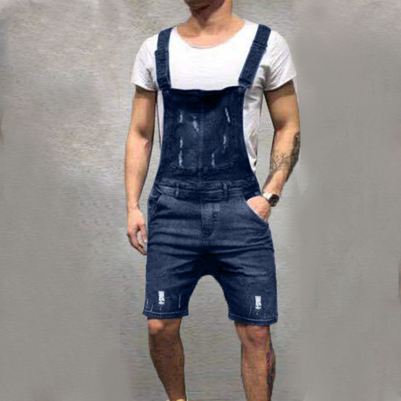 Ceisia Men Pocket Denim Ripped Distressed Overall Shorts Casual Button ...