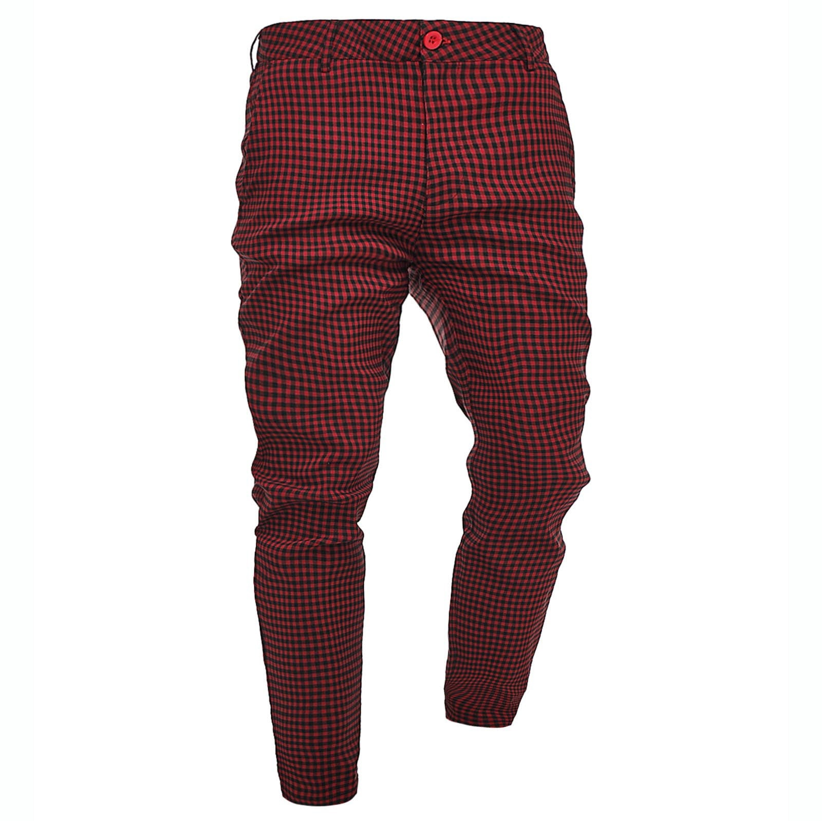 Ceisia Men Slim Fit Micro Check Plaid Pants Elastic Waist Casual ...