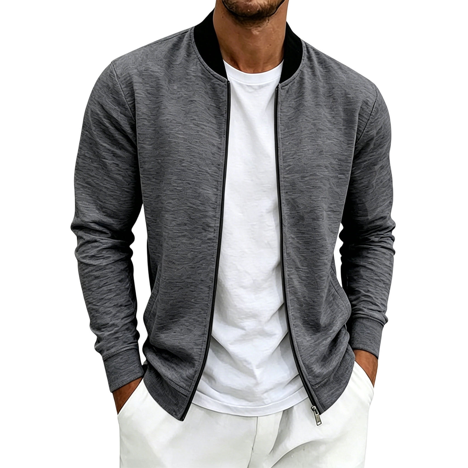 Ceisia Men Solid Color Zip Up Baseball Jacket Stand Collar Lightweight ...