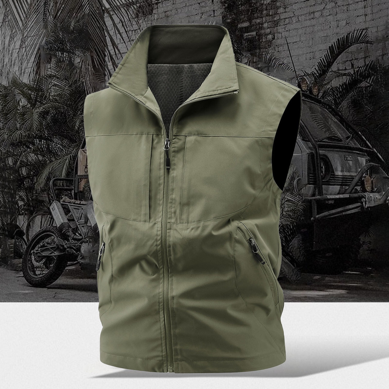 Ceisia Men Solid Stand Collar Multi Zipper Pocket Sleeveless ...