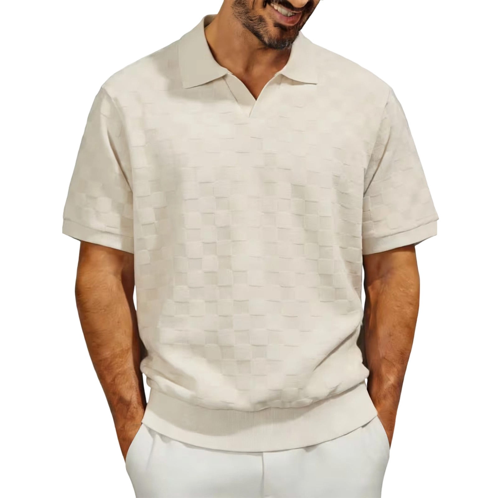 Ceisia Men Square Grid Textured V Neck Polo Shirt Short Sleeve ...