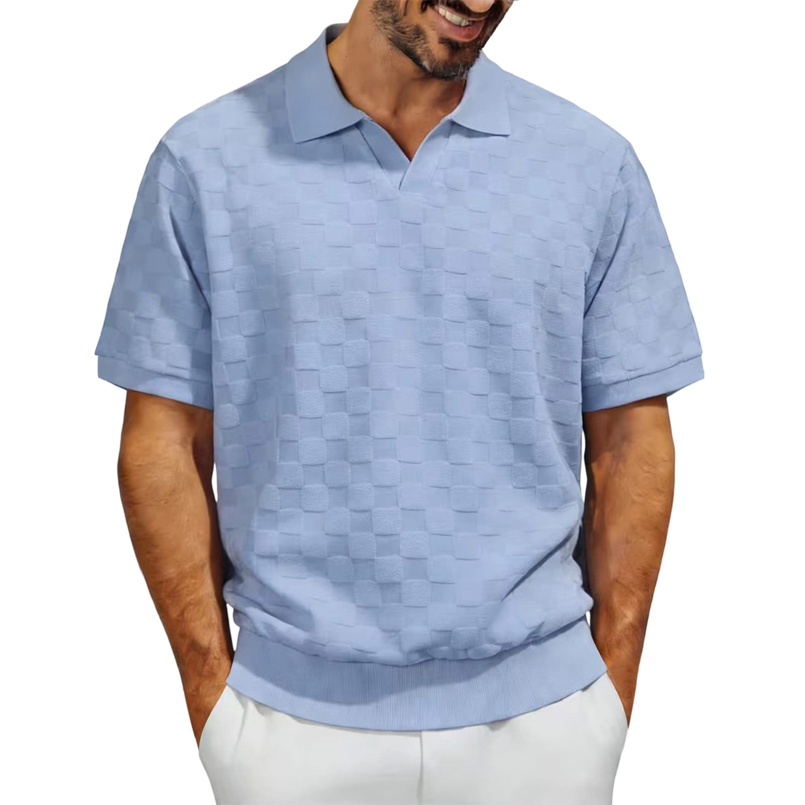 Ceisia Men Square Grid Textured V Neck Polo Shirt Short Sleeve ...