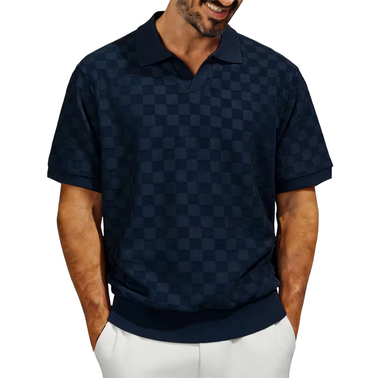 Ceisia Men Square Grid Textured V Neck Polo Shirt Short Sleeve ...
