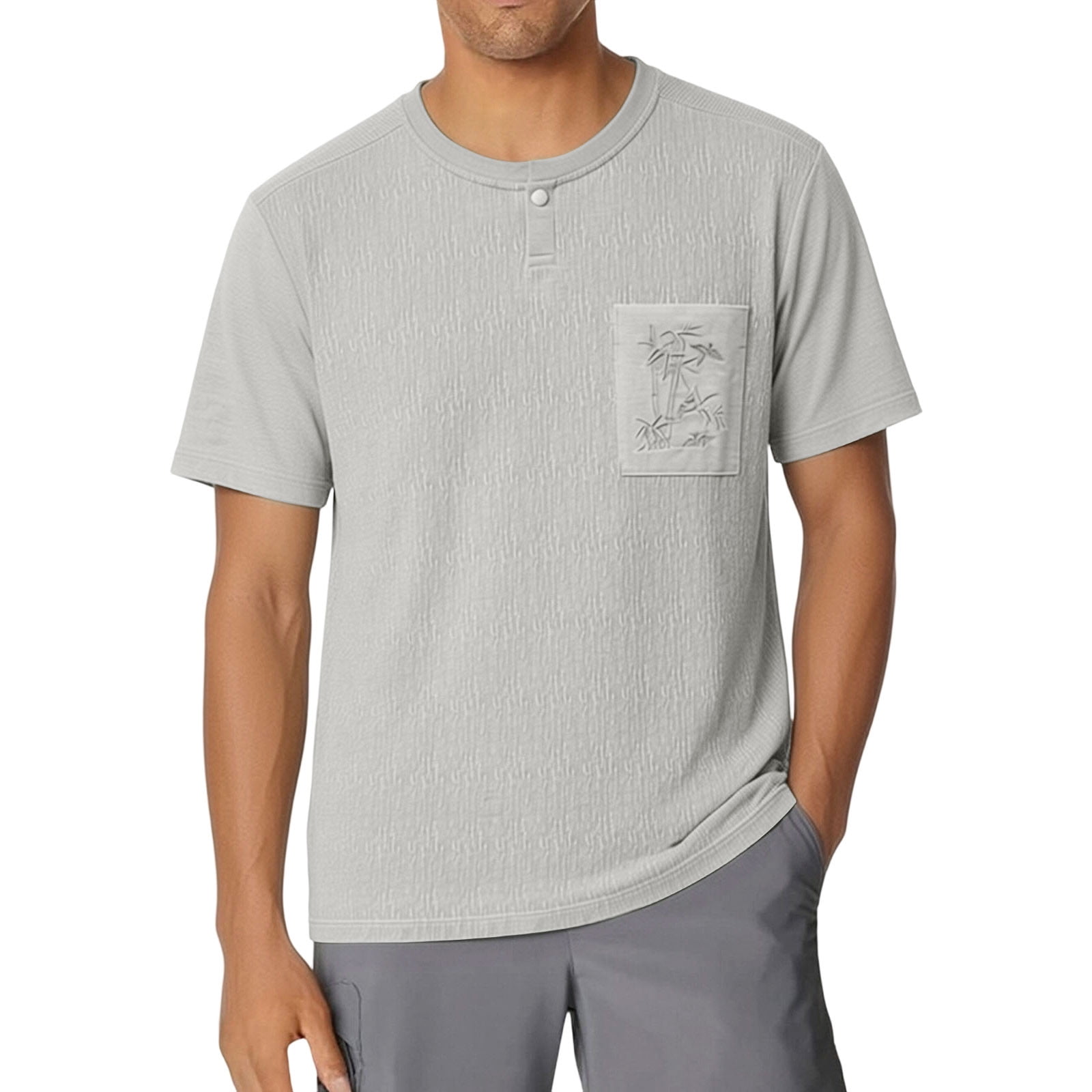 Ceisia Men Textured Fabric Chest Bamboo Embroidery Pocket Henley Short ...