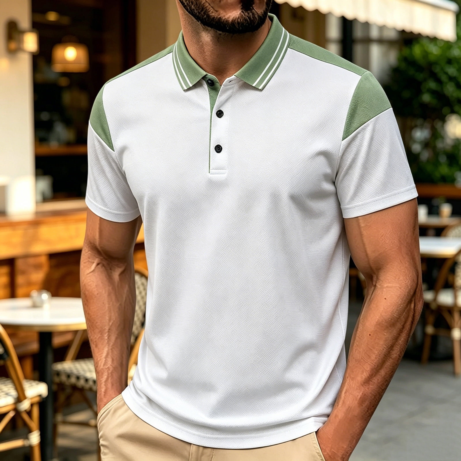 Ceisia Men Two Tone Panel Collar Button Placket Short Sleeve Texture ...