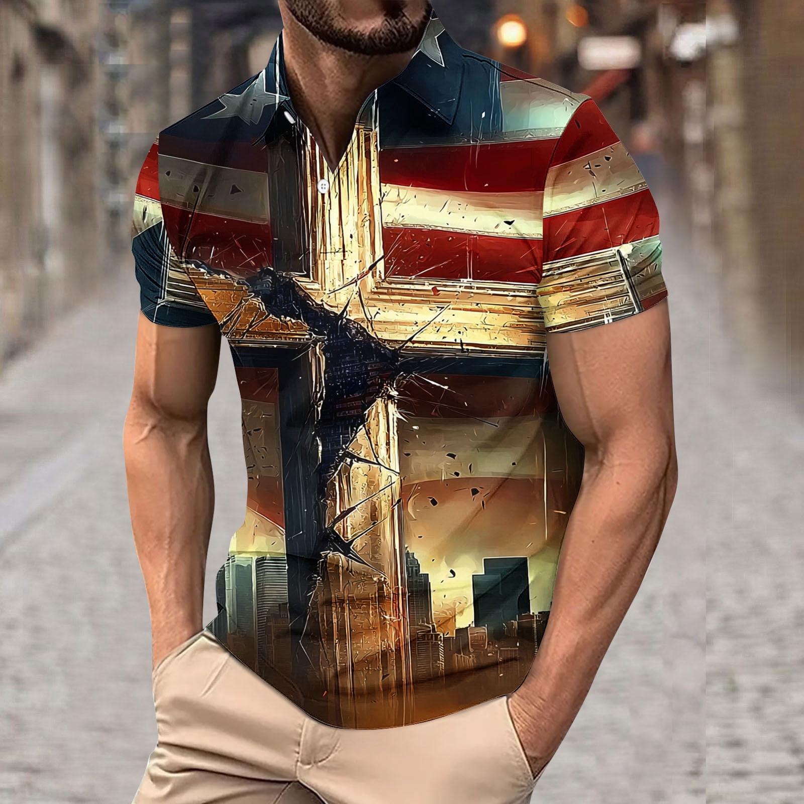 Ceisia Men USA Flag Cross Print Short Sleeve Shirt Button Down Casual ...