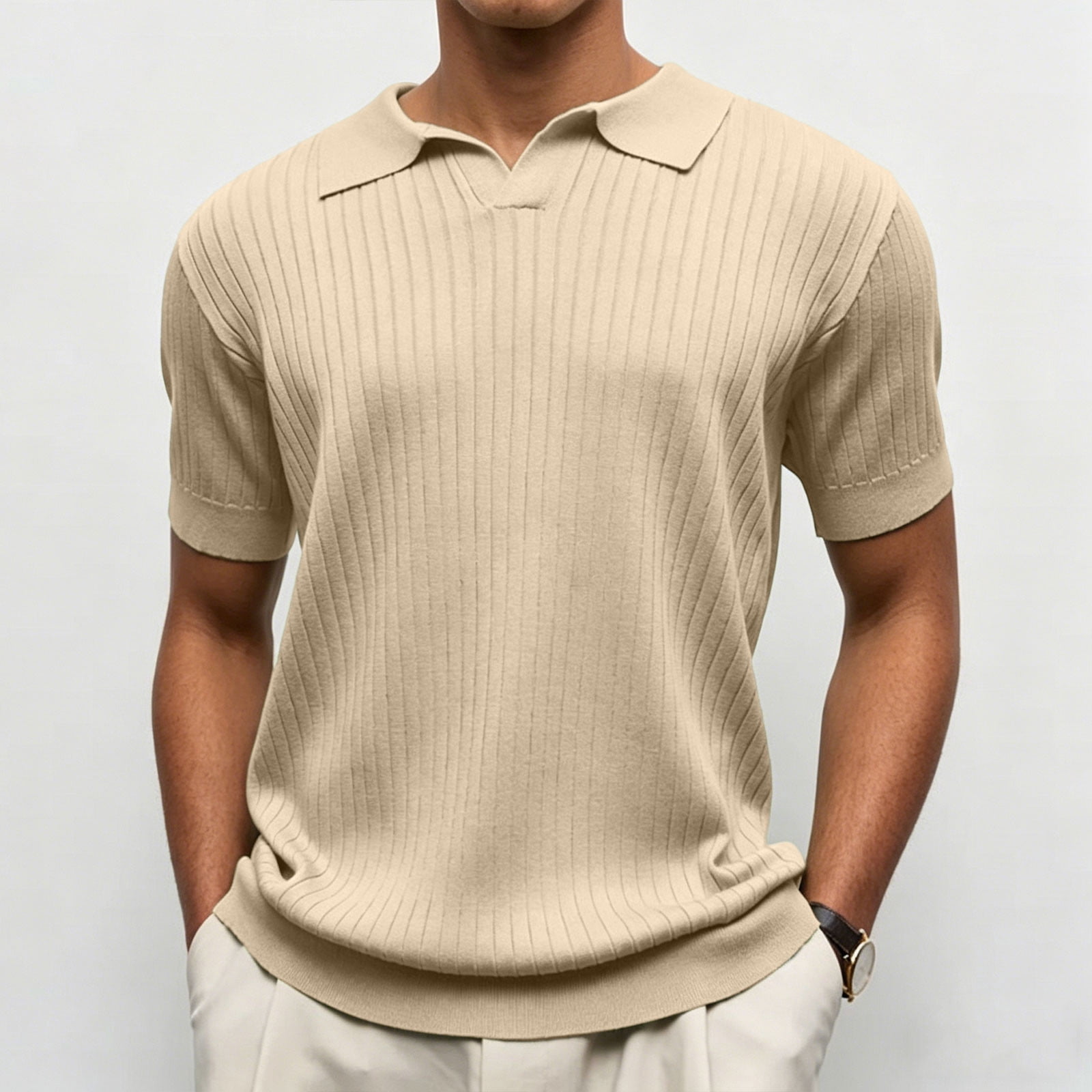 Ceisia Men Vertical Ribbed Knit Notch Collar Short Sleeve Slim Fit Polo ...