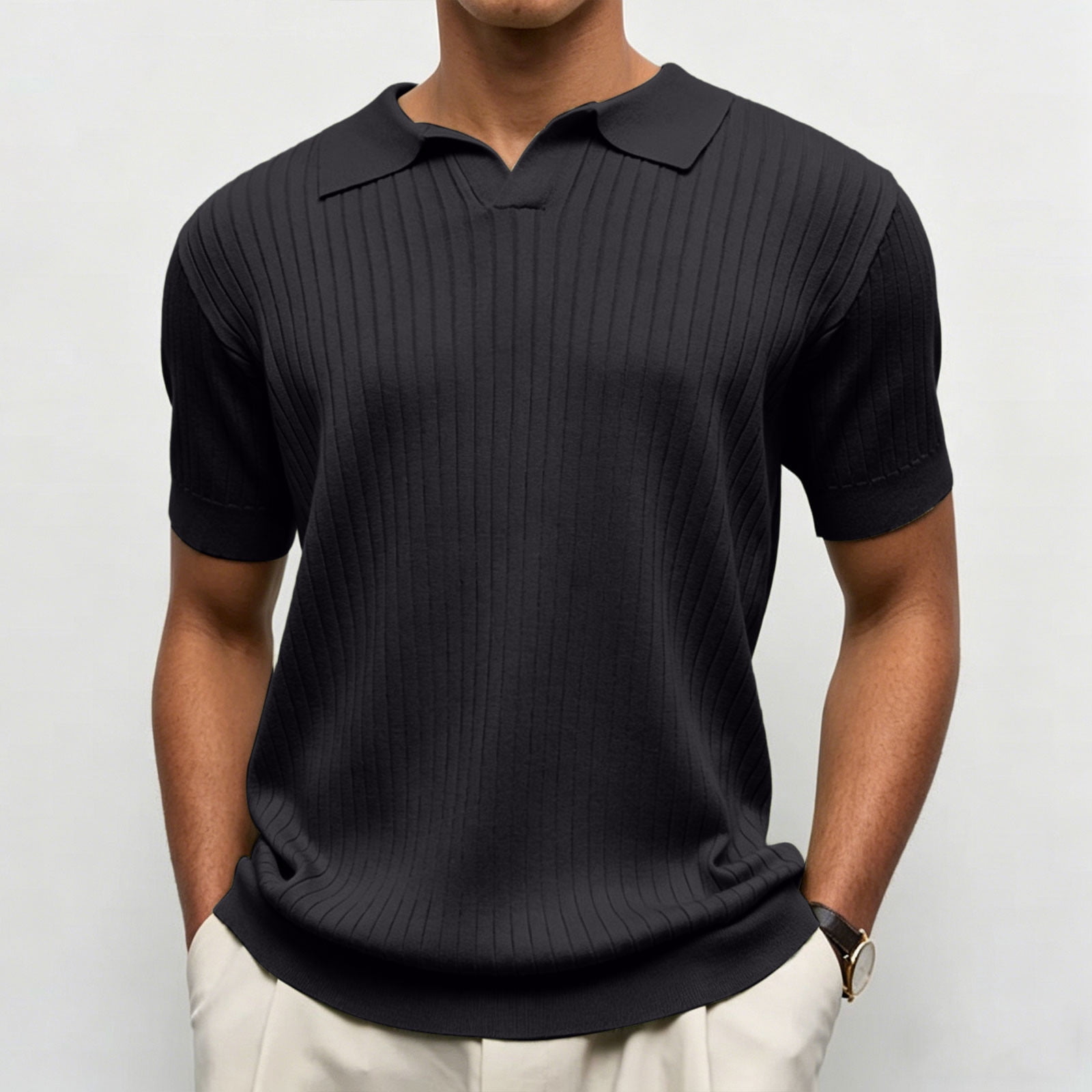 Ceisia Men Vertical Ribbed Knit Notch Collar Short Sleeve Slim Fit Polo ...