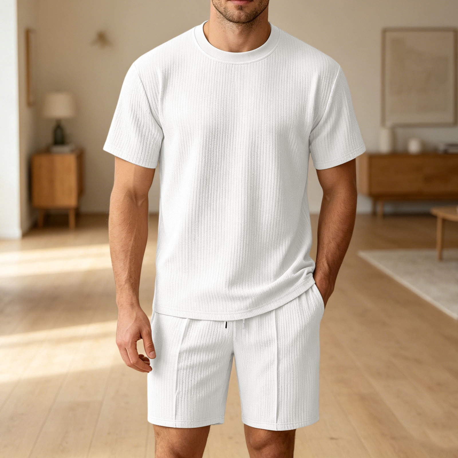 Ceisia Men Vertical Ribbed Knit Two Piece Outfit Short Sleeve Crew Neck ...