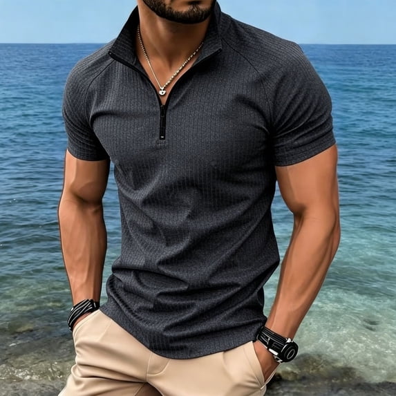 Ceisia Men Vertical Striped Half Zip Stand Collar Raglan T Shirt Slim ...