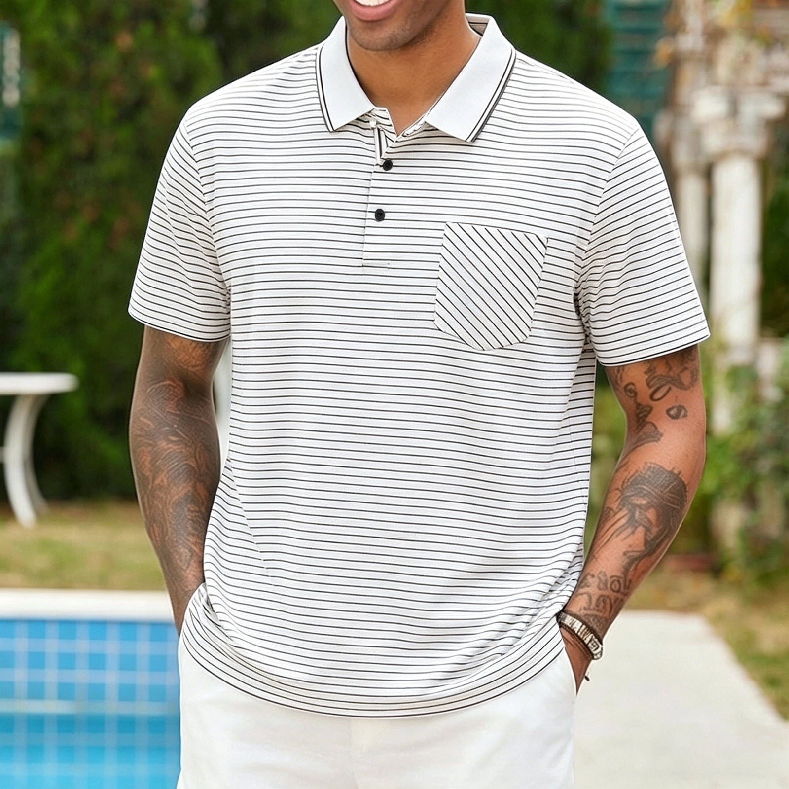 Ceisia Men Wrinkle Textured Knitted Polo Top Short Sleeve Lapel Neck ...