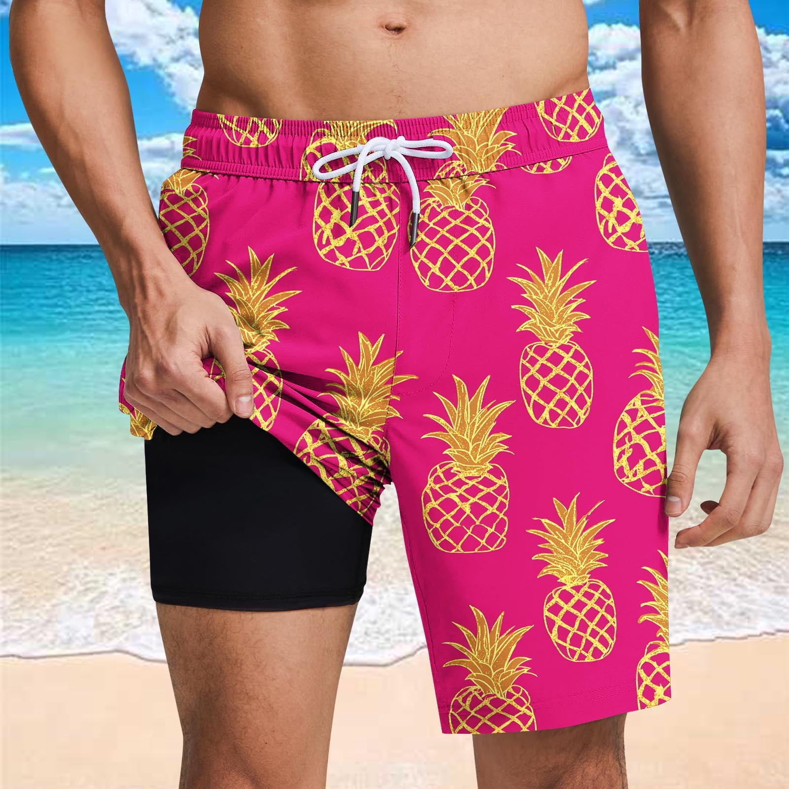 Ceisia Men's 2-in-1 Gold Pineapple Print Swim Trunks with Elastic ...