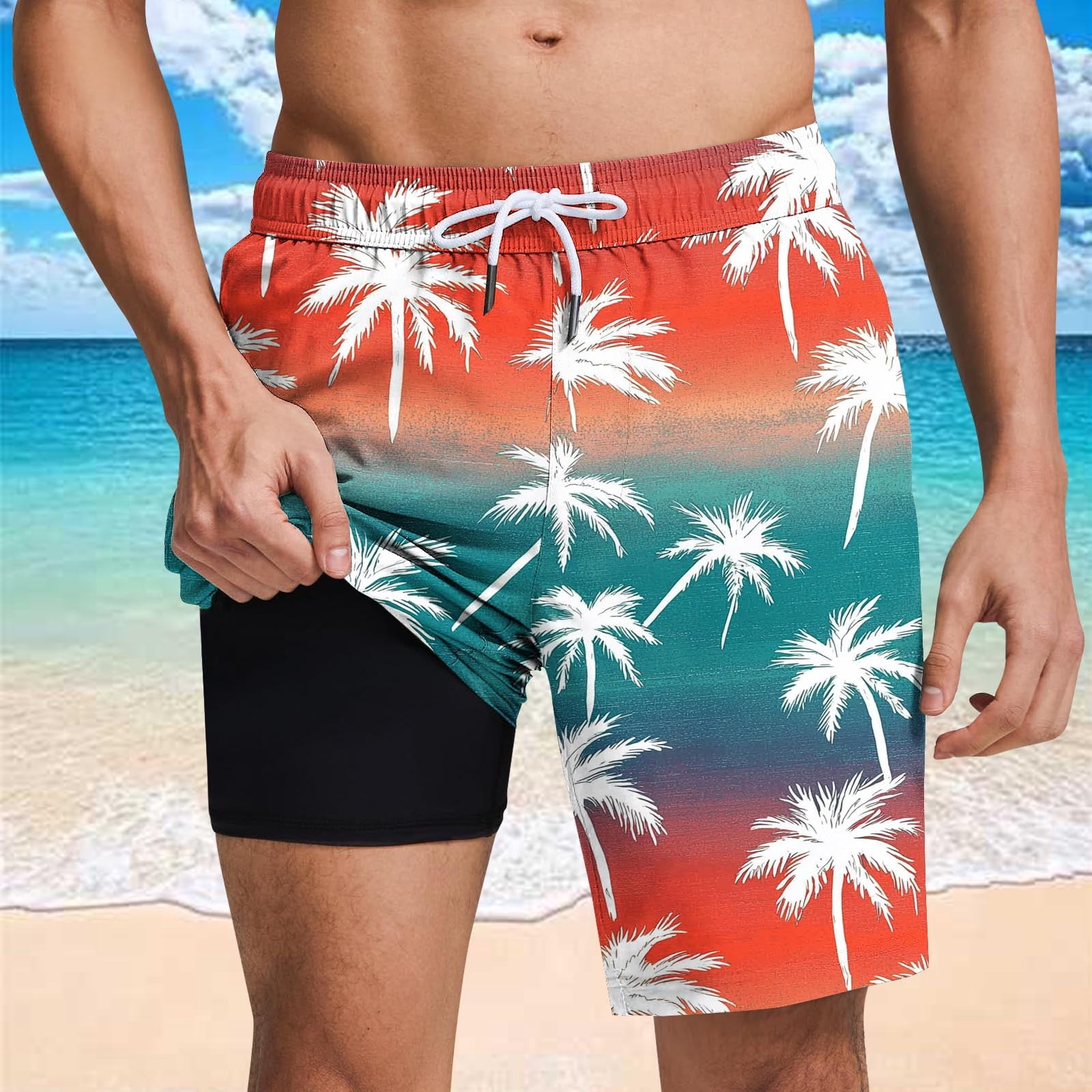 Ceisia Men's 2-in-1 Swim Trunks Red Green Gradient Palm Tree Print ...