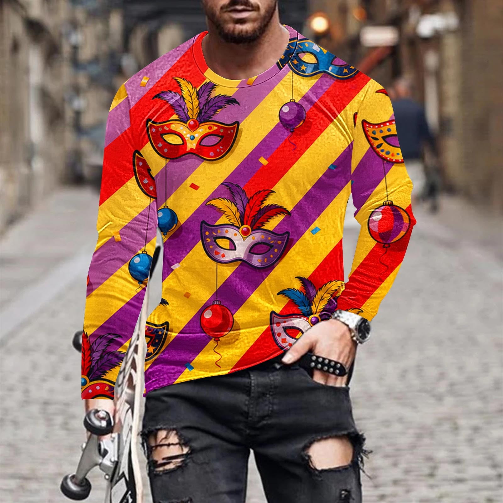 Ceisia Men's All-Over Mardi Gras Print T-Shirt | Slim Long-Sleeve ...