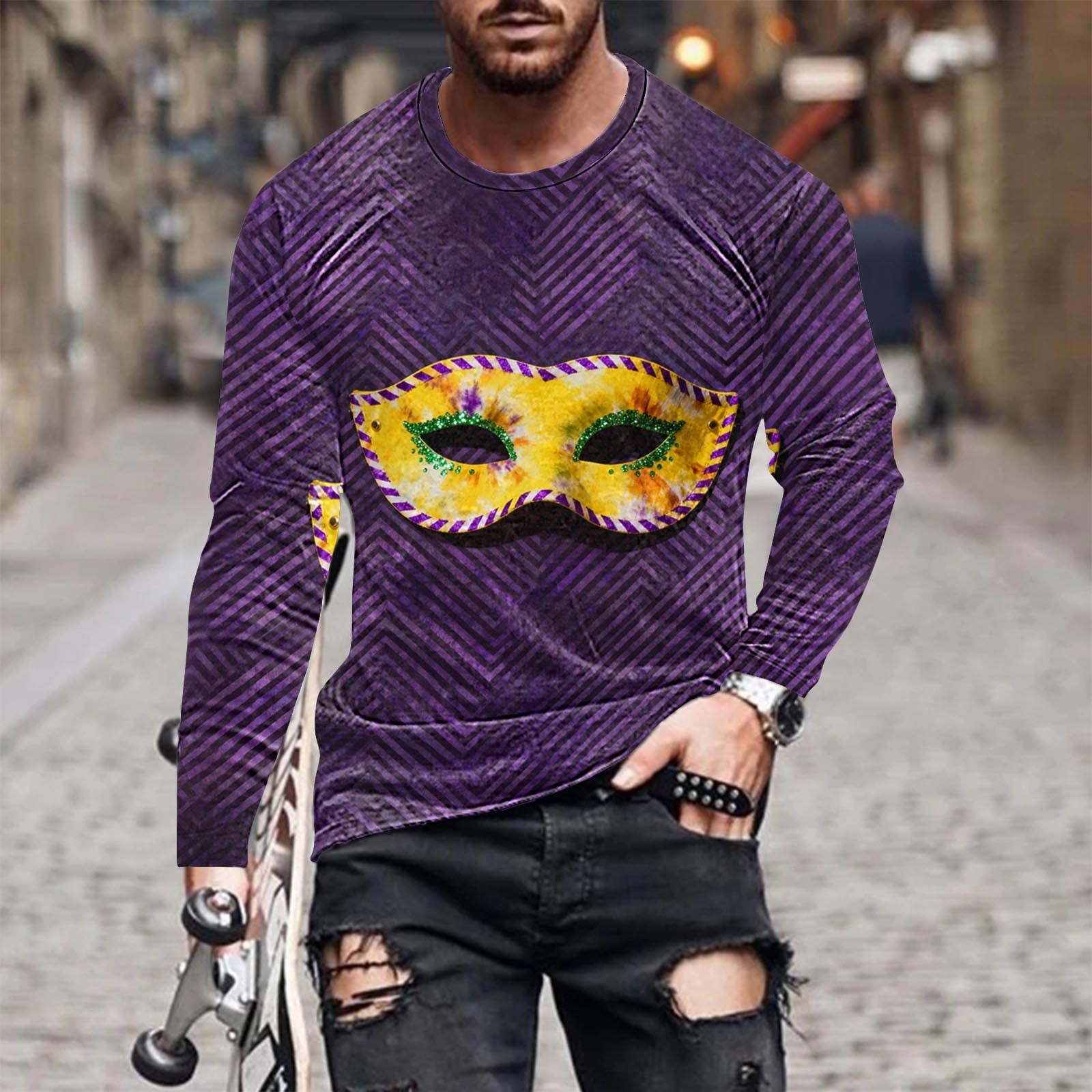 Ceisia Men's All-Over Mardi Gras Print T-Shirt | Slim Long-Sleeve ...