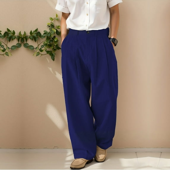 Ceisia Men's All-Season Solid Linen-Style Double Gift Pleated Trousers ...