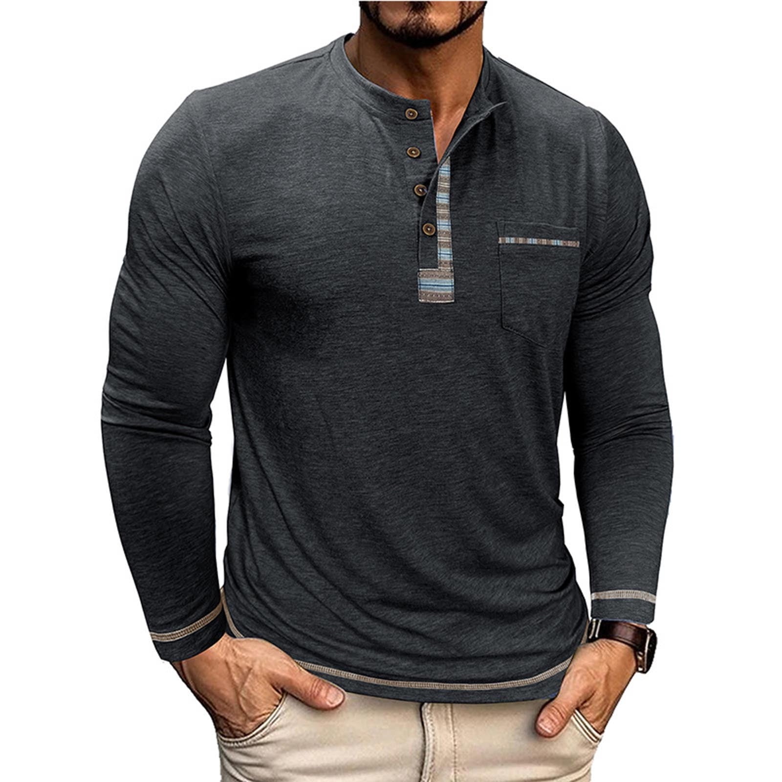 Ceisia Men's All Seasons Casual Solid Color Button-Up Round Neck Long ...