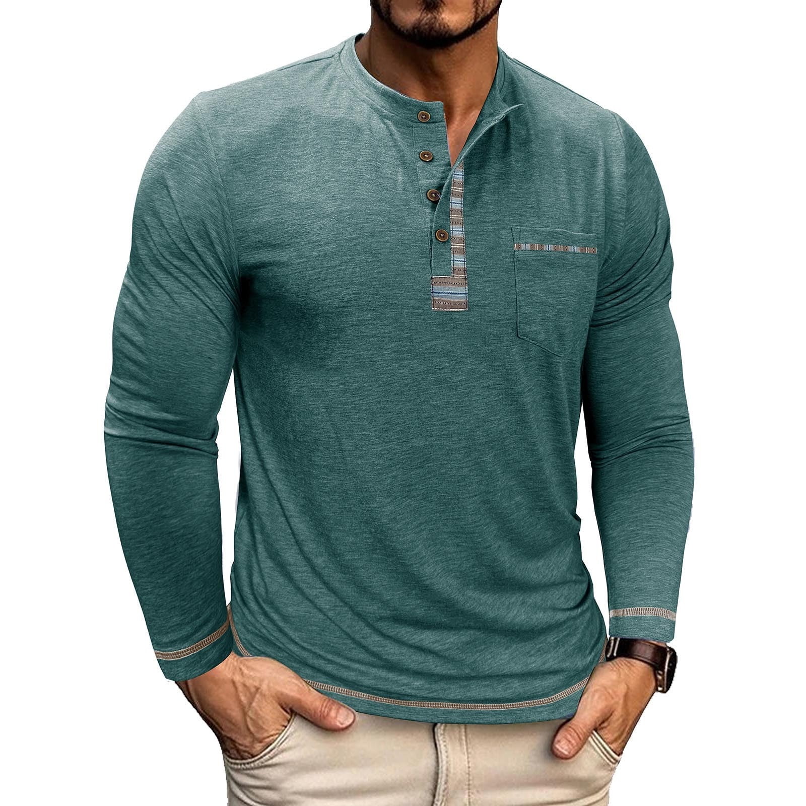 Ceisia Men's All Seasons Casual Solid Color Button-Up Round Neck Long ...