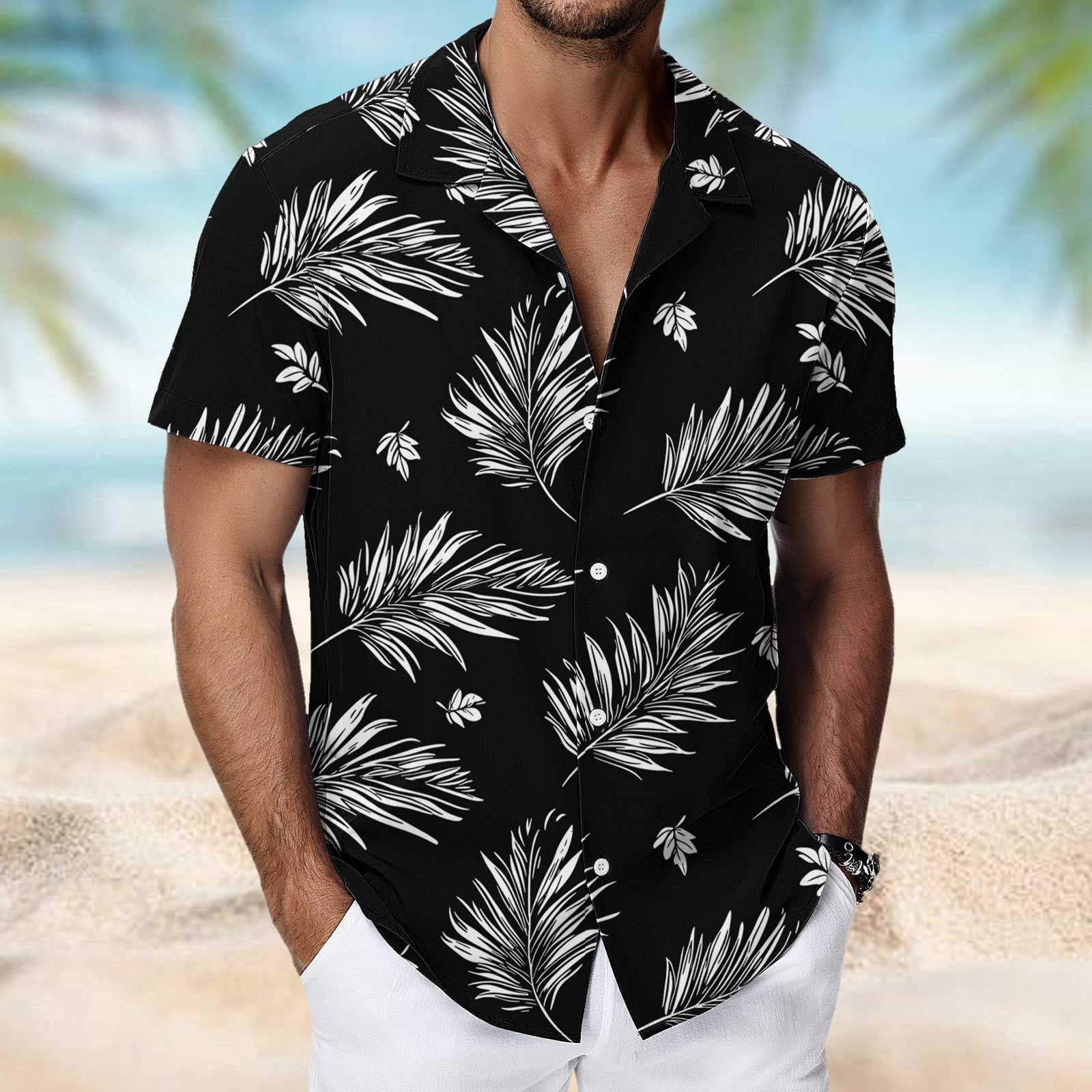 Ceisia Men's Breathable Four-Way Stretch Black Palm Leaf Print Cuban ...