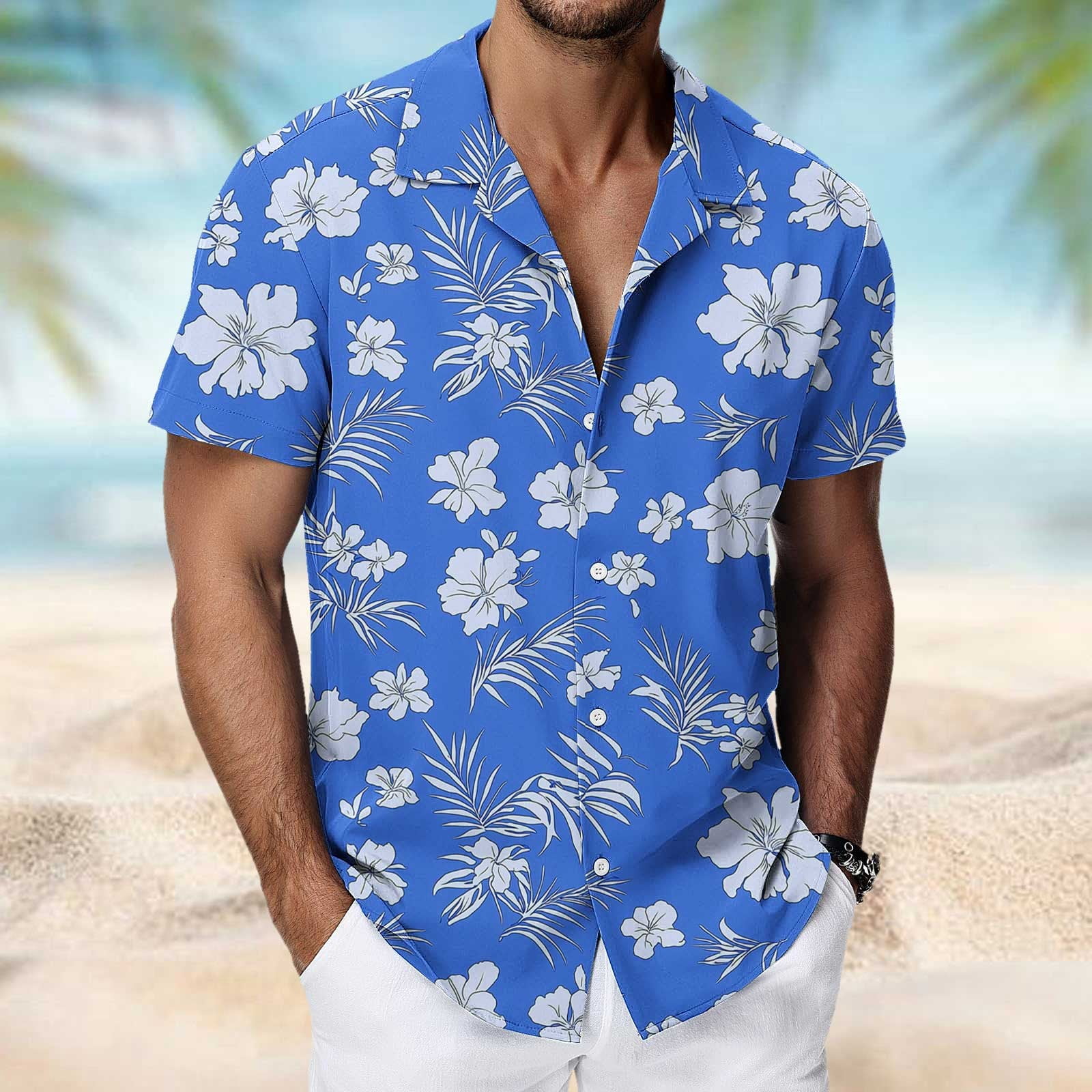Ceisia Men's Breathable Four-Way Stretch Royal Blue White Hibiscus Palm ...