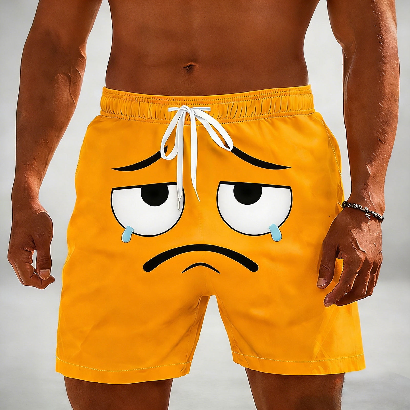 Ceisia Men's Bright Orange Sad Crying Emoji Print Beach Shorts 4-Way ...