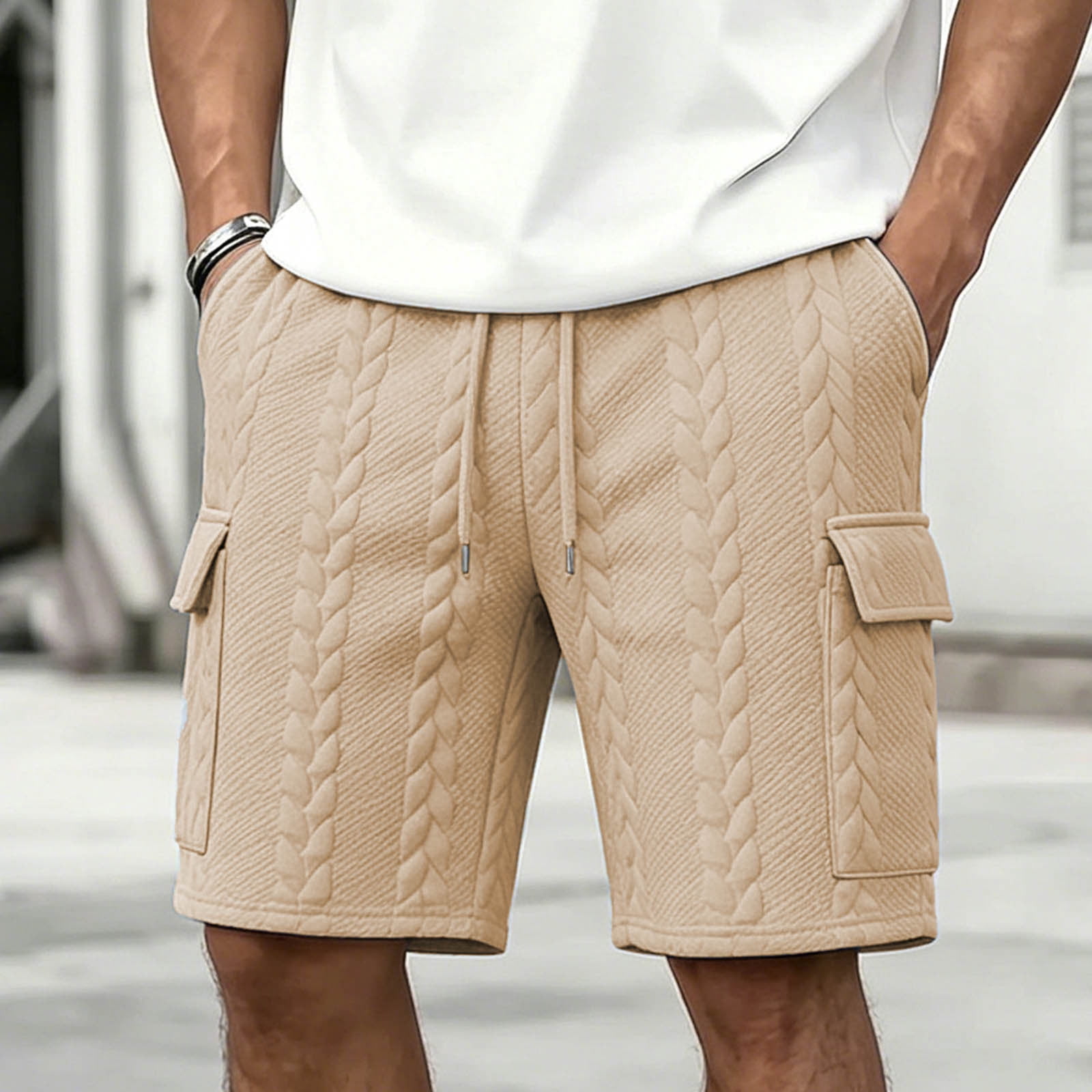 Ceisia Men's Cable Knit Jacquard Cargo Shorts Multi-Color Pack Khaki L ...