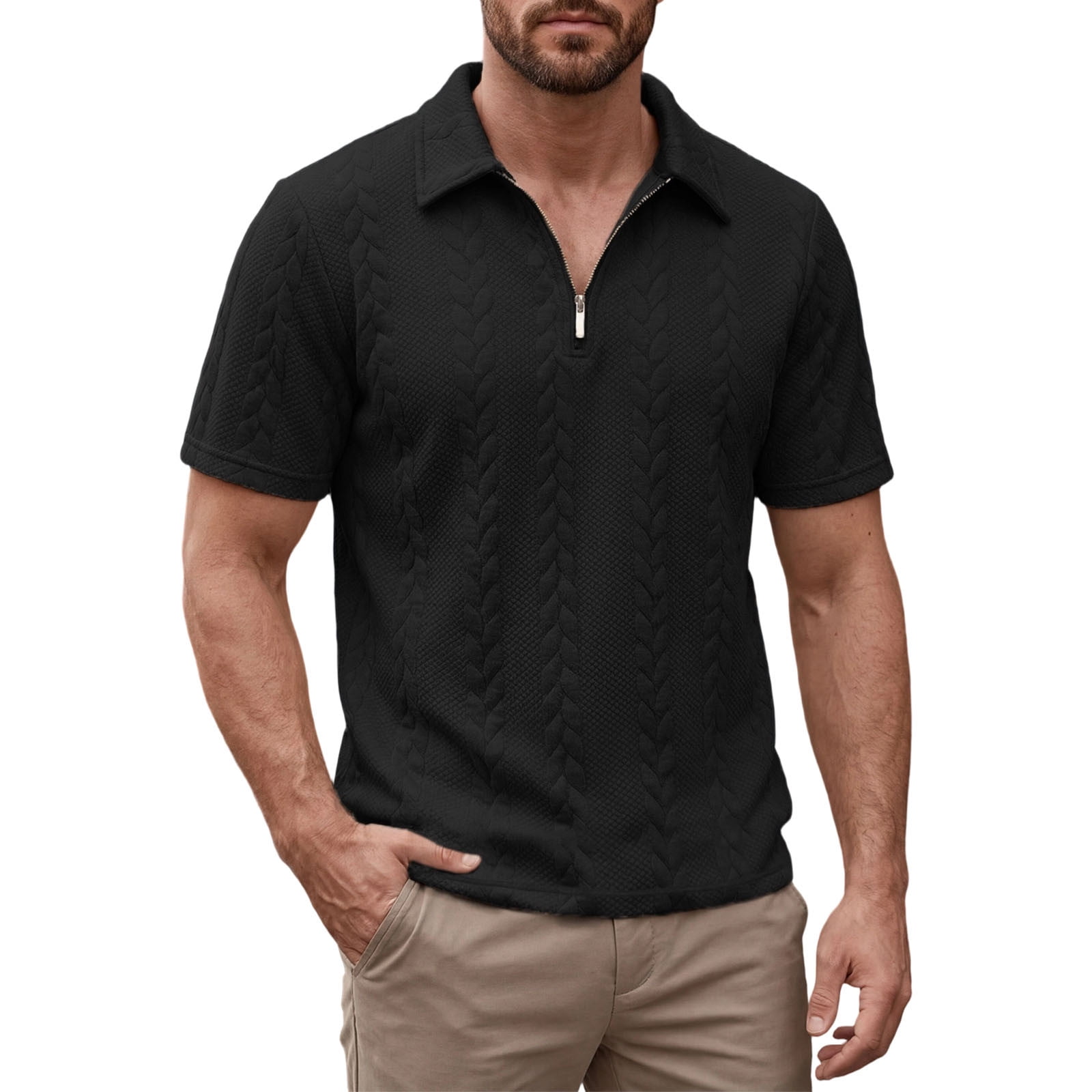 Ceisia Men's Cable Knit Textured Half Zip Short Sleeve Polo Shirt Black ...