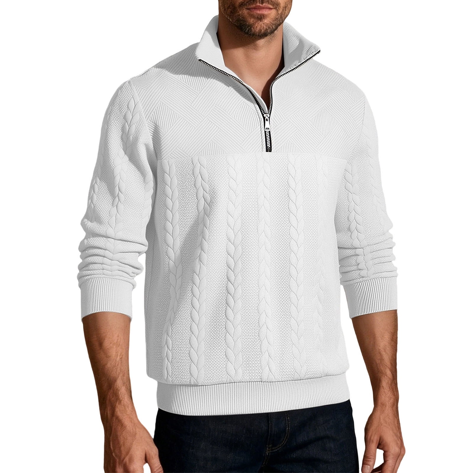 Ceisia Men's Cable Knit Textured Half Zip Stand Collar Long Sleeve ...