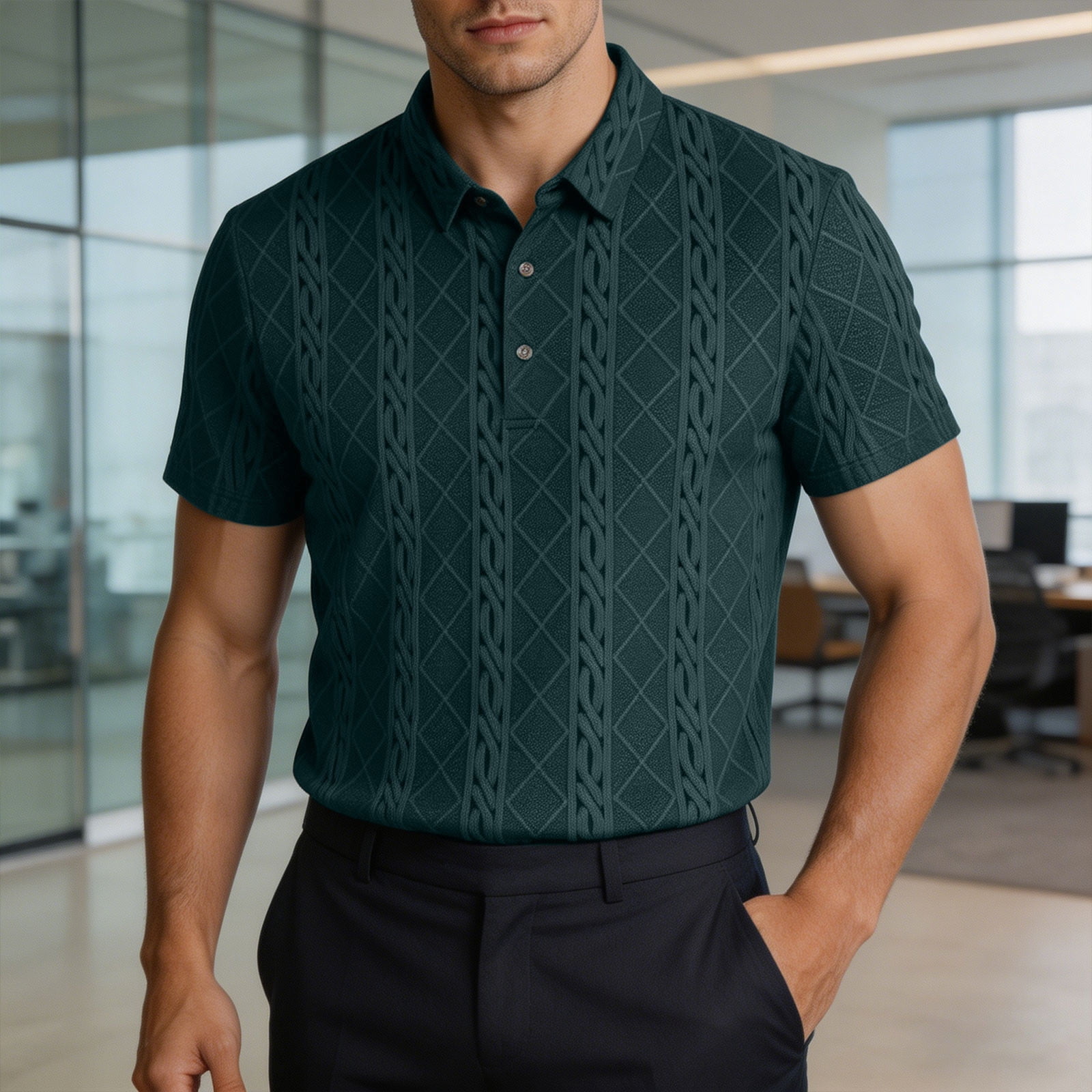 Ceisia Men's Cable Knit Textured Short Sleeve Polo Shirt Green XXL Gift ...