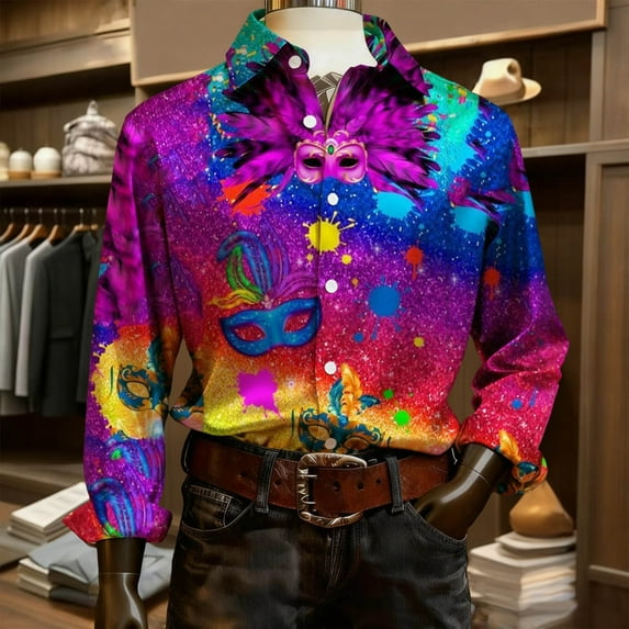 Ceisia Men's Carnival Mask Print Shirt | Stretchy Relaxed Long-Sleeve ...