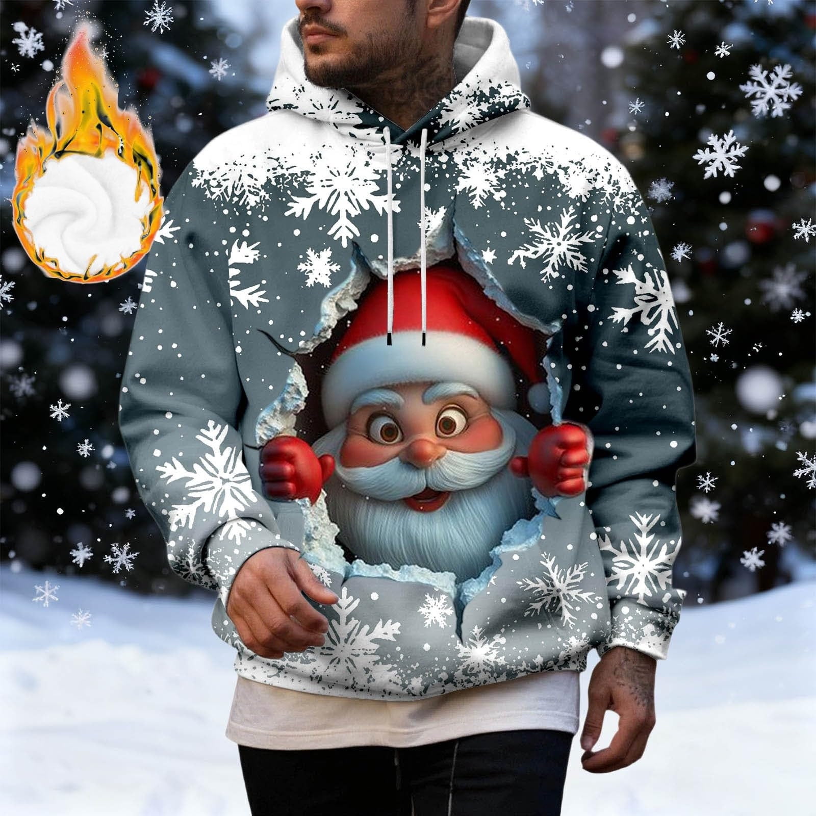 Ceisia Men's Christmas 3D Santa Hoodie | Ripped Snowflake Print Relaxed ...