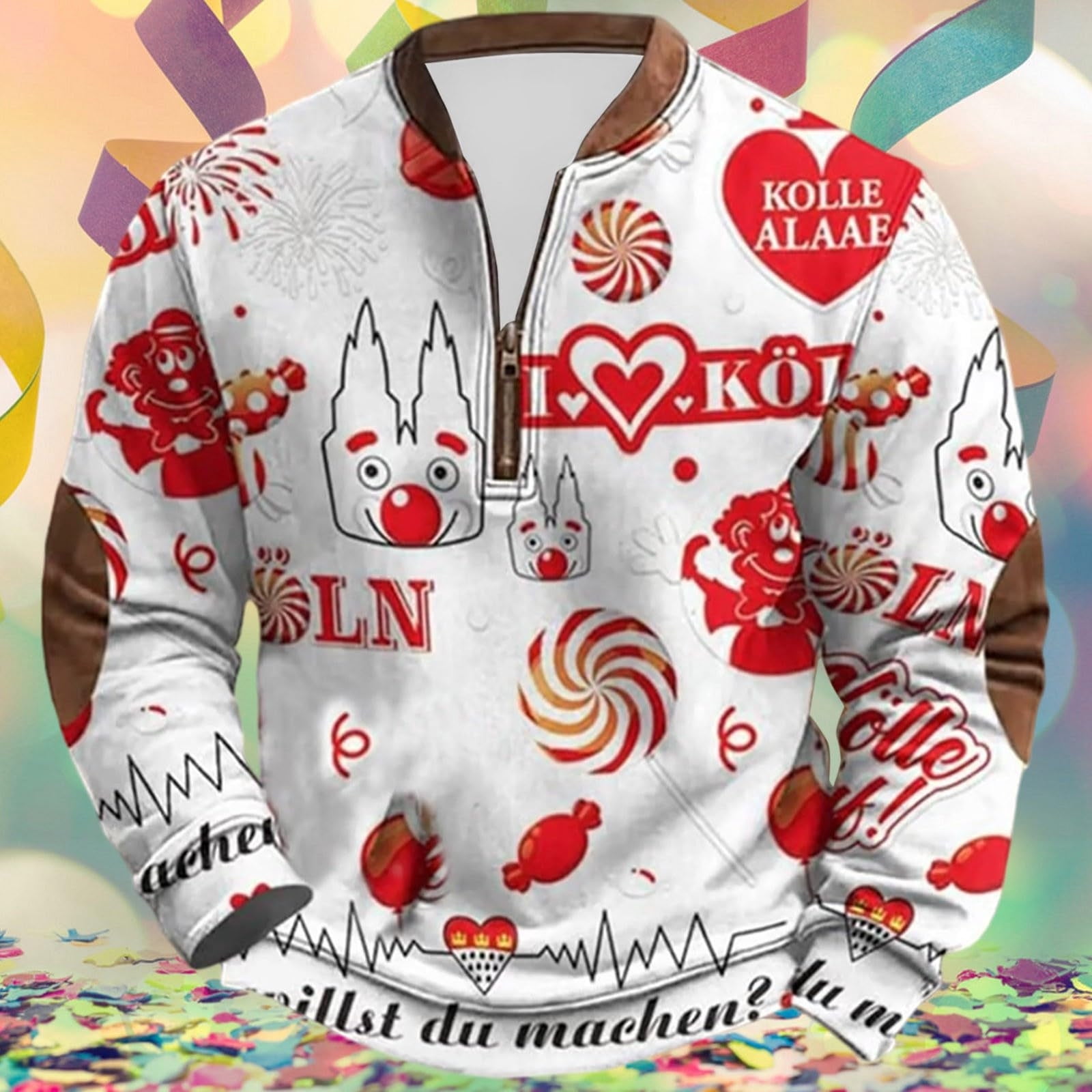 Ceisia Men's Cologne Carnival "Kölle Alaaf" All-Over Print Half-Zip ...