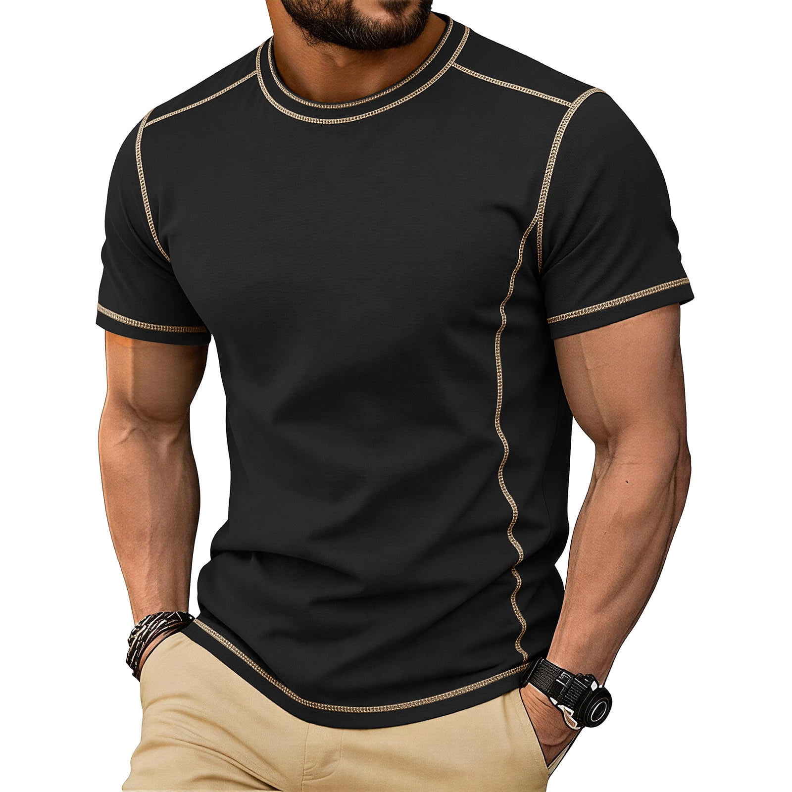 Ceisia Men's Contrast Stitch Crew Neck Short Sleeve T-Shirt Multi-Color ...
