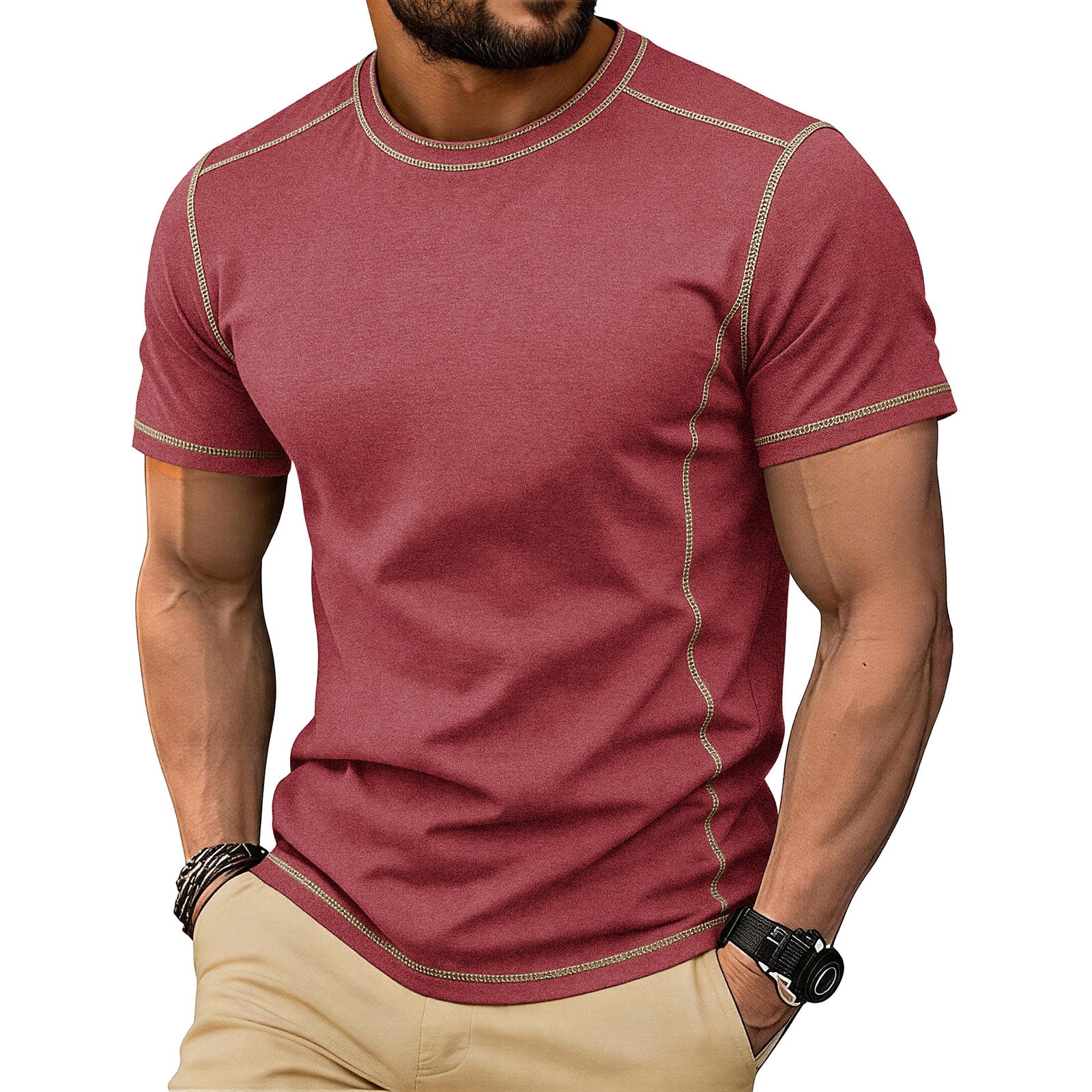 Ceisia Men's Contrast Stitch Crew Neck Short Sleeve T-Shirt Multi-Color ...