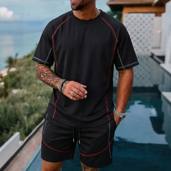 Ceisia Men's Contrast Stitch Short Sleeve T Shirt And Drawstring Shorts ...