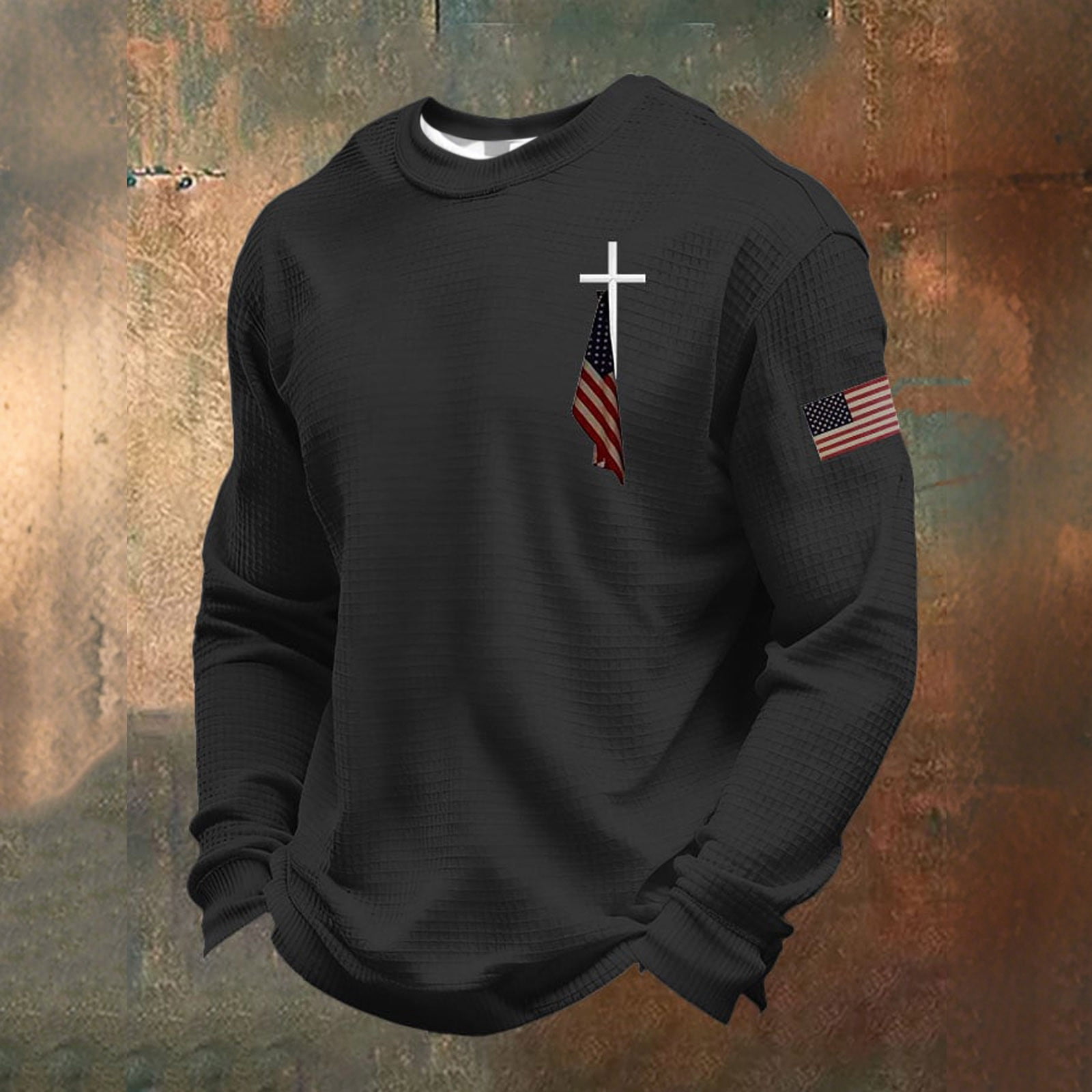Ceisia Men's Cross & American Flag Waffle Top | Relaxed Long-Sleeve ...
