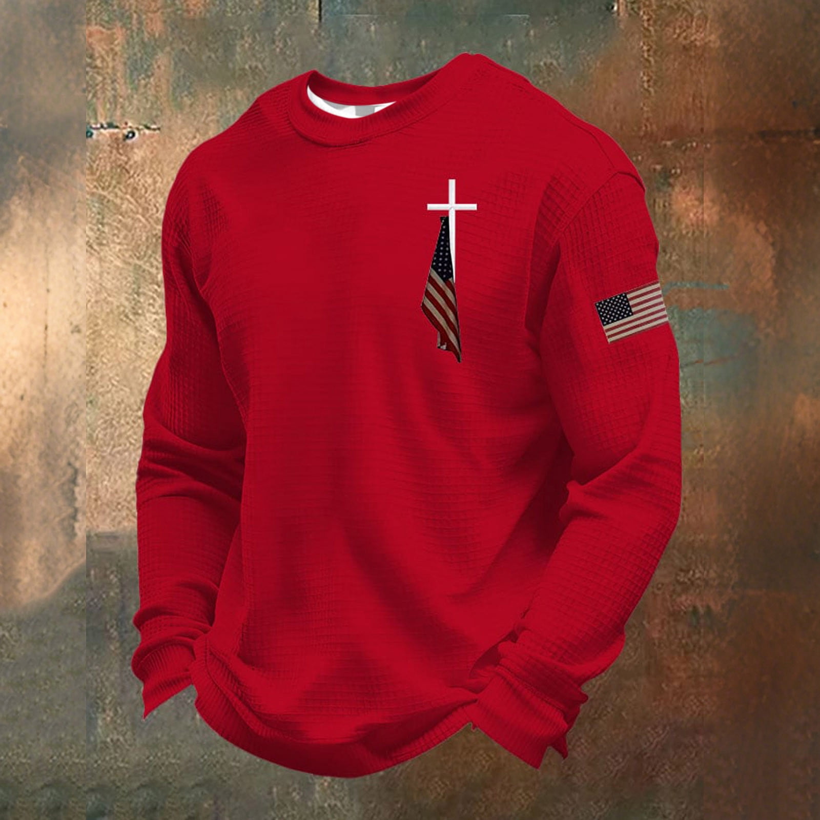 Ceisia Men's Cross & American Flag Waffle Top | Relaxed Long-Sleeve ...