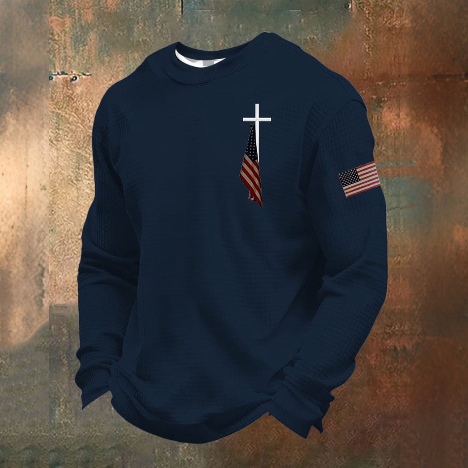 Ceisia Men's Cross & American Flag Waffle Top | Relaxed Long-Sleeve ...