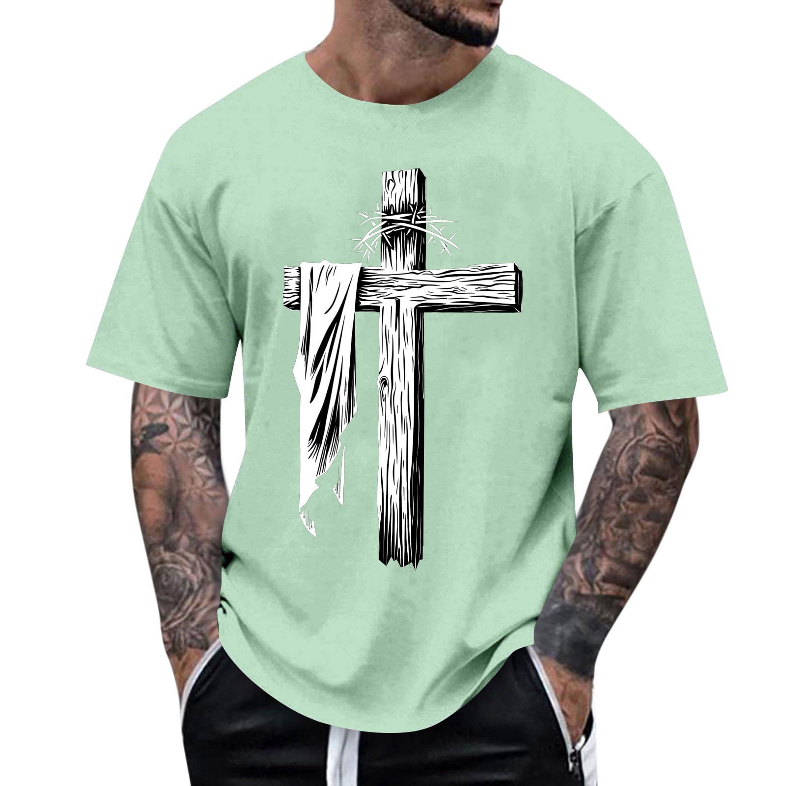 Ceisia Men's Cross Print Loose Fit Soft Breathable Short Sleeve Round ...
