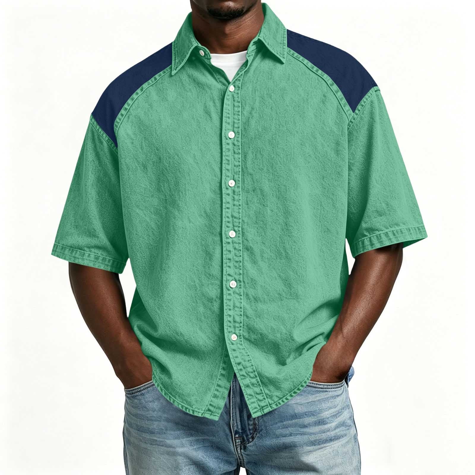 Ceisia Men's Denim Short Sleeve Shirt Button Down Collar Color Block ...