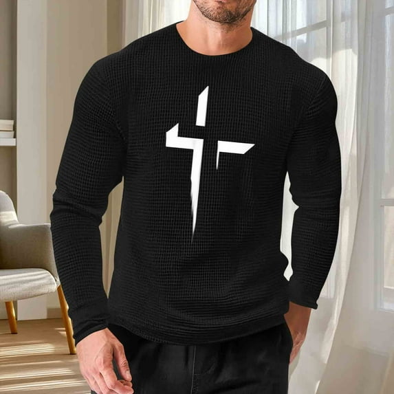 Ceisia Men's Geometric Cross Waffle Top | Slim Long-Sleeve Crewneck ...